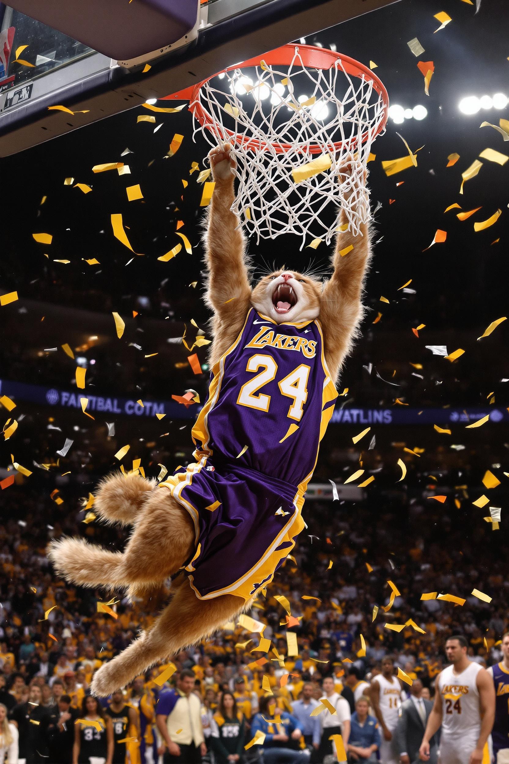 Lexica - A cat dunking a basketball in an NBA game with a jersey on