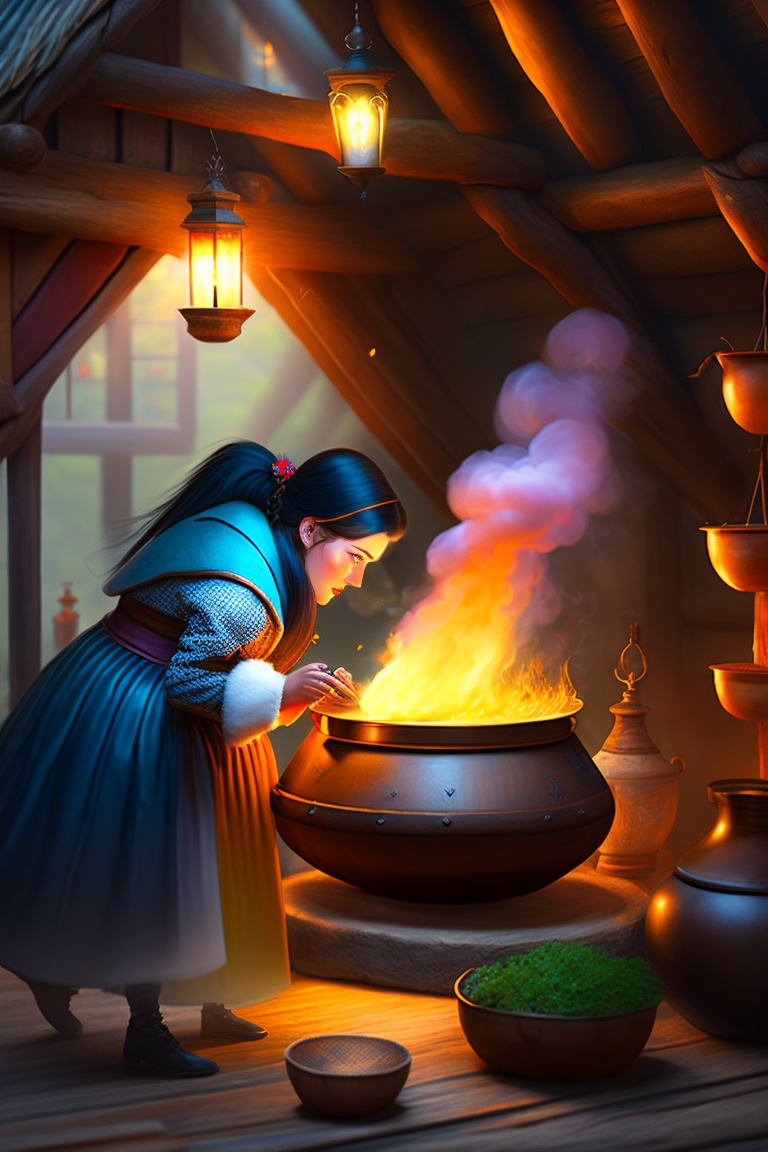 Lexica - Beautiful female alchemist in a thatched cottage preparing a ...