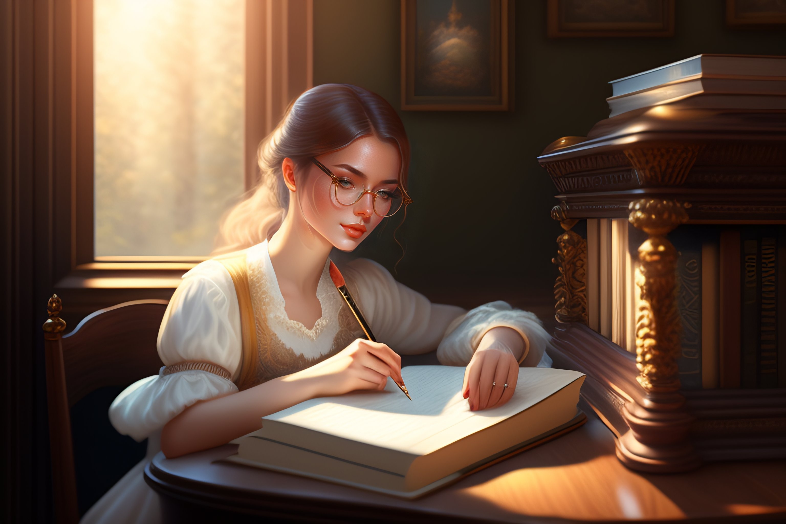 Lexica - Young female writer, writing a novel, glasses, rococo ...