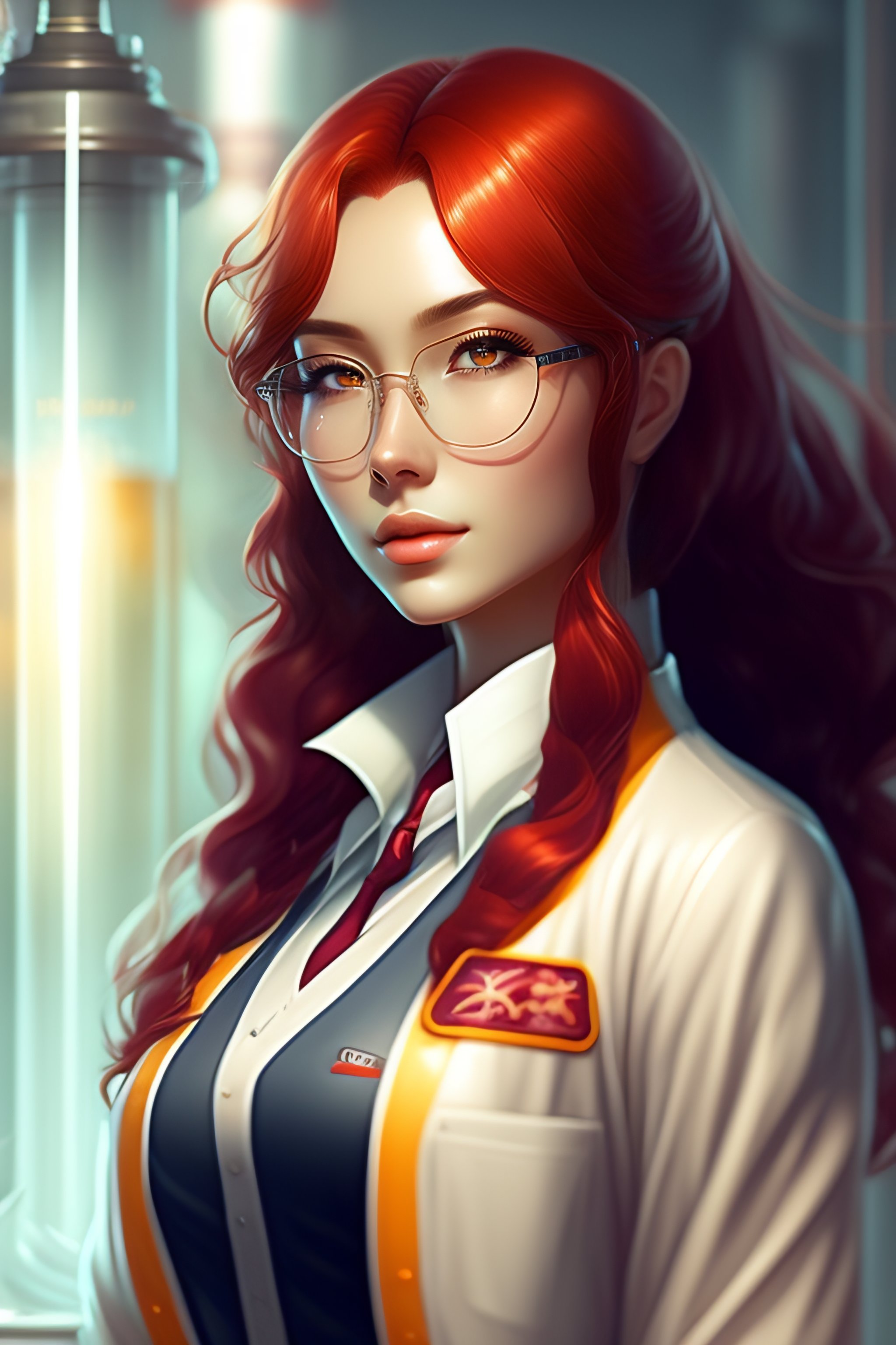 Lexica - Beautiful anime girl with long red hair, wearing lab coat and ...