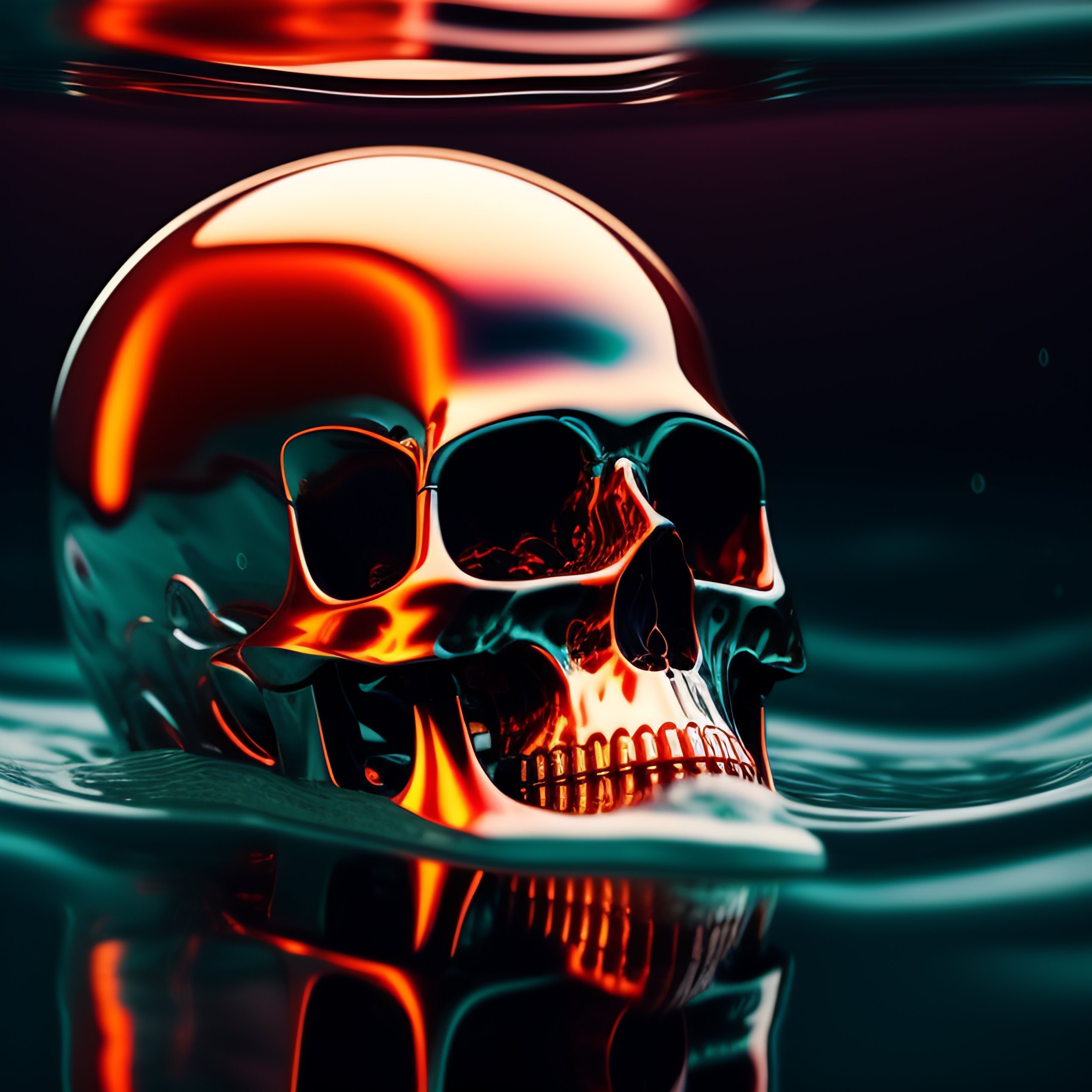 Lexica - Chrome skeleton with red eyes underwater, coming out of the ...