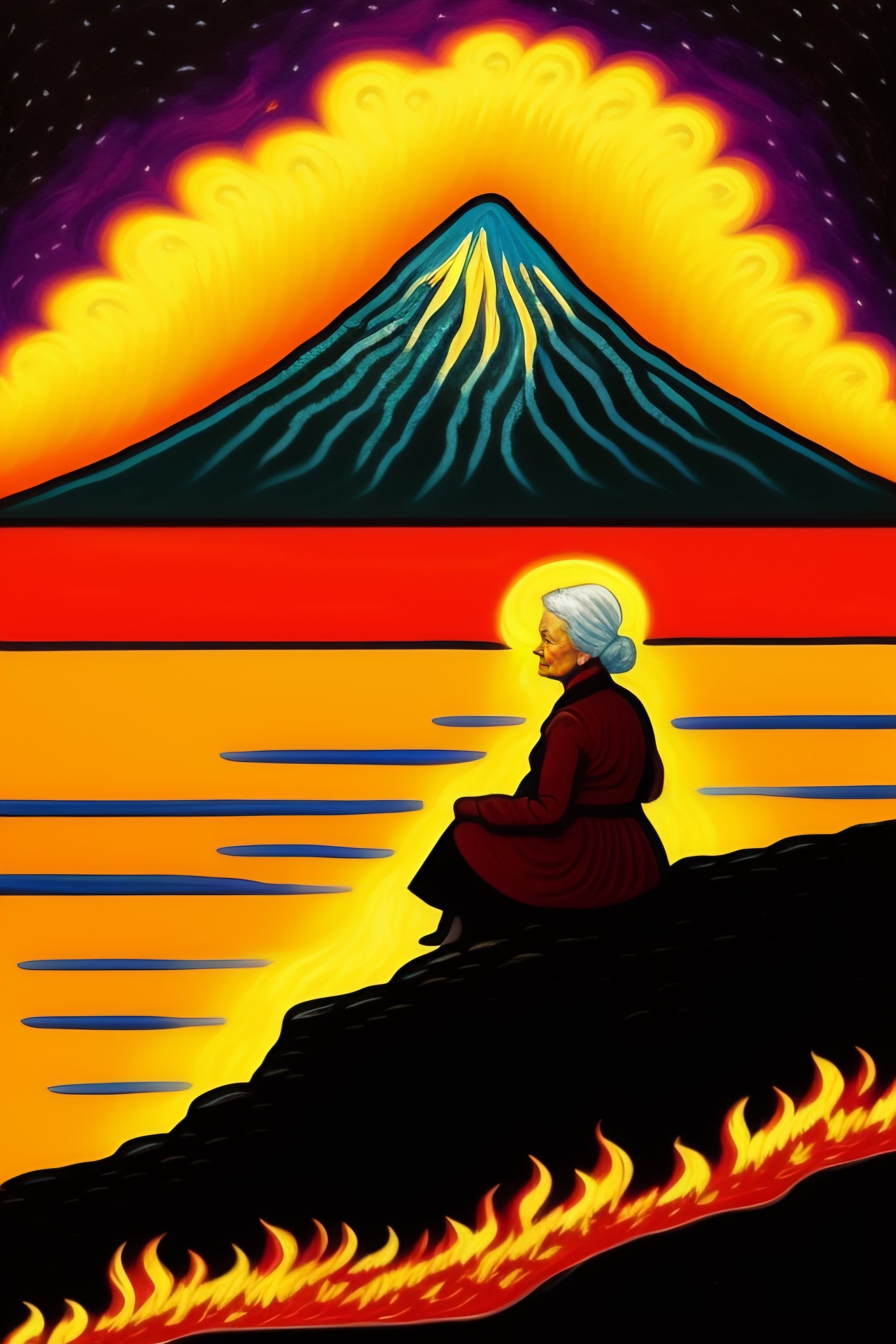 Lexica - Drawing in van gogh style of a old lady sitting on a rock ...