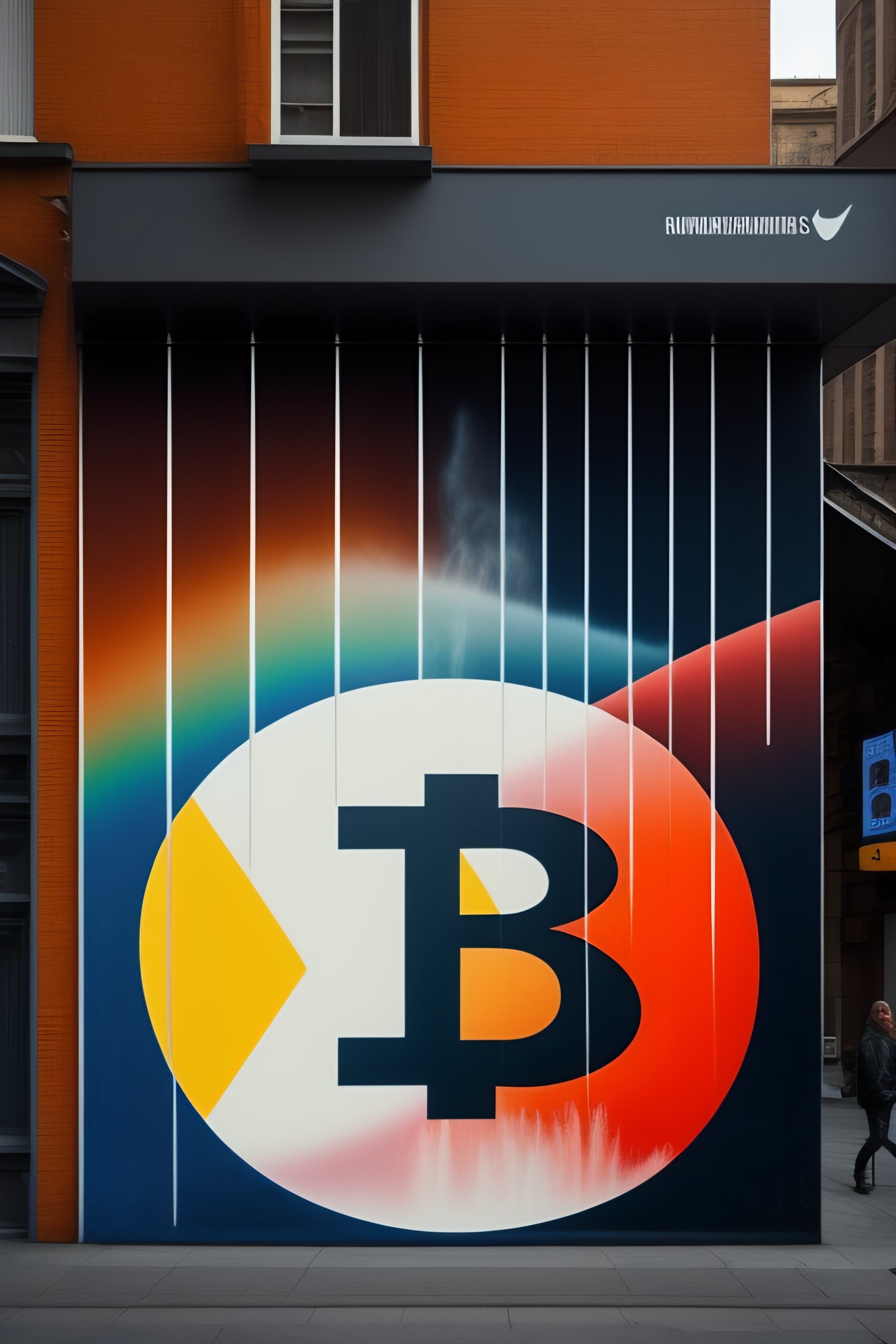 Lexica - Create a bitcoin logo on a white wall in a downtown city area ...