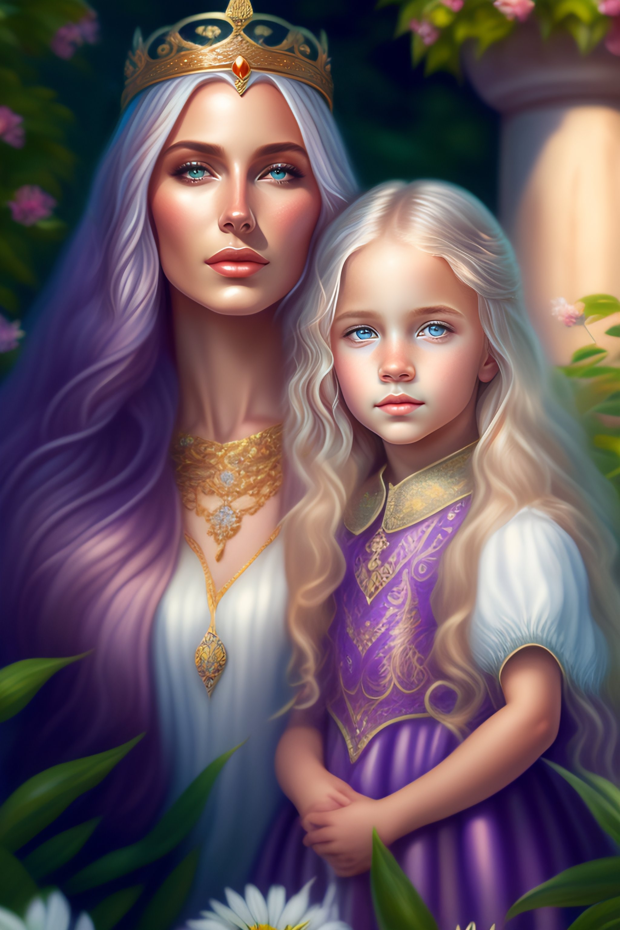 Lexica - Queen in the garden with her daugther, long platinum hair ...