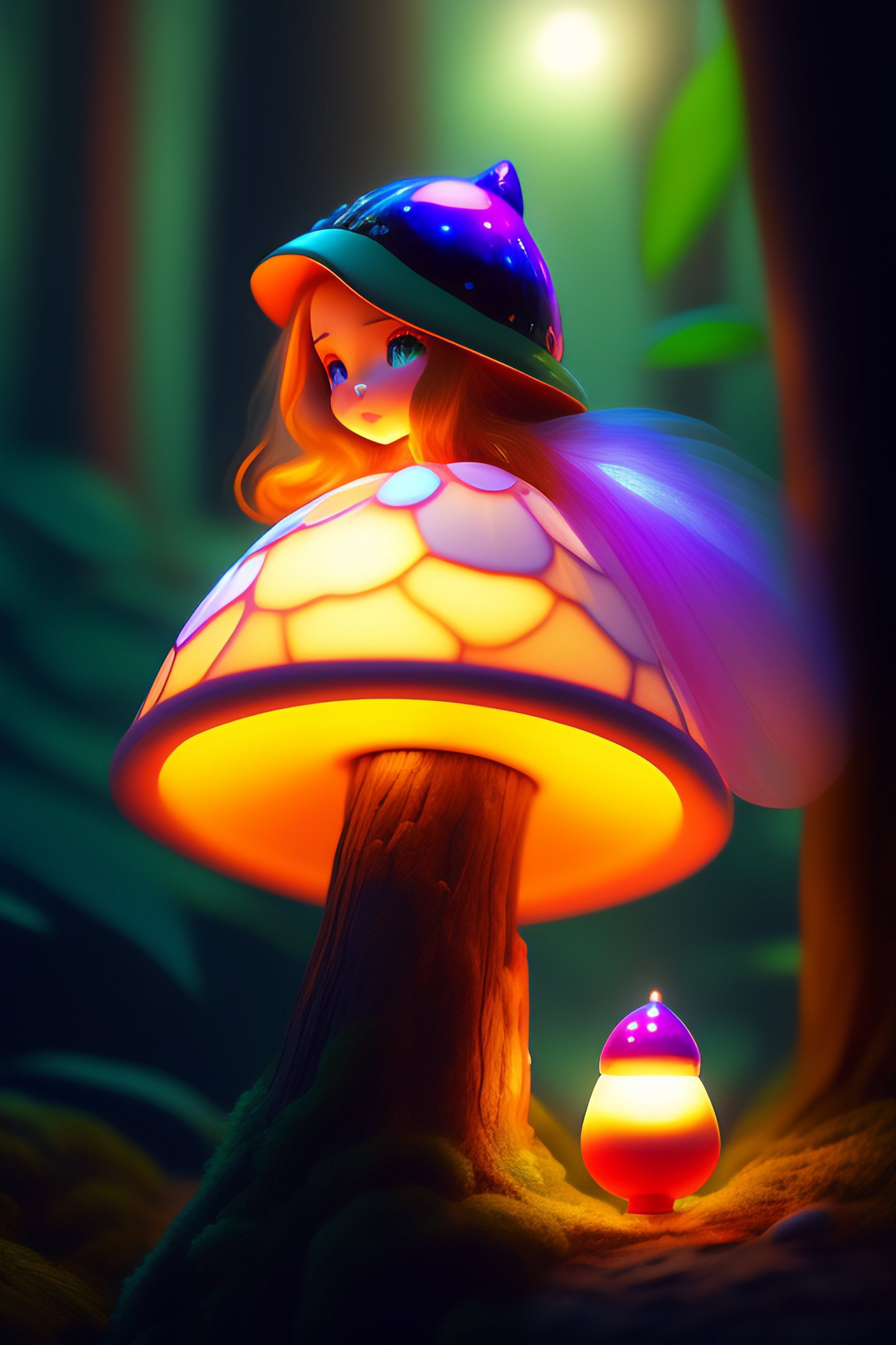 Lexica - Thumbelina next to a glowing toadstool at night in the forest, made by stanley artgerm ...