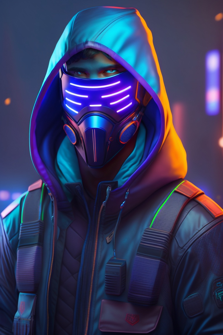 Lexica - Male character, in cyberpunk hoodie, blue neon, mask