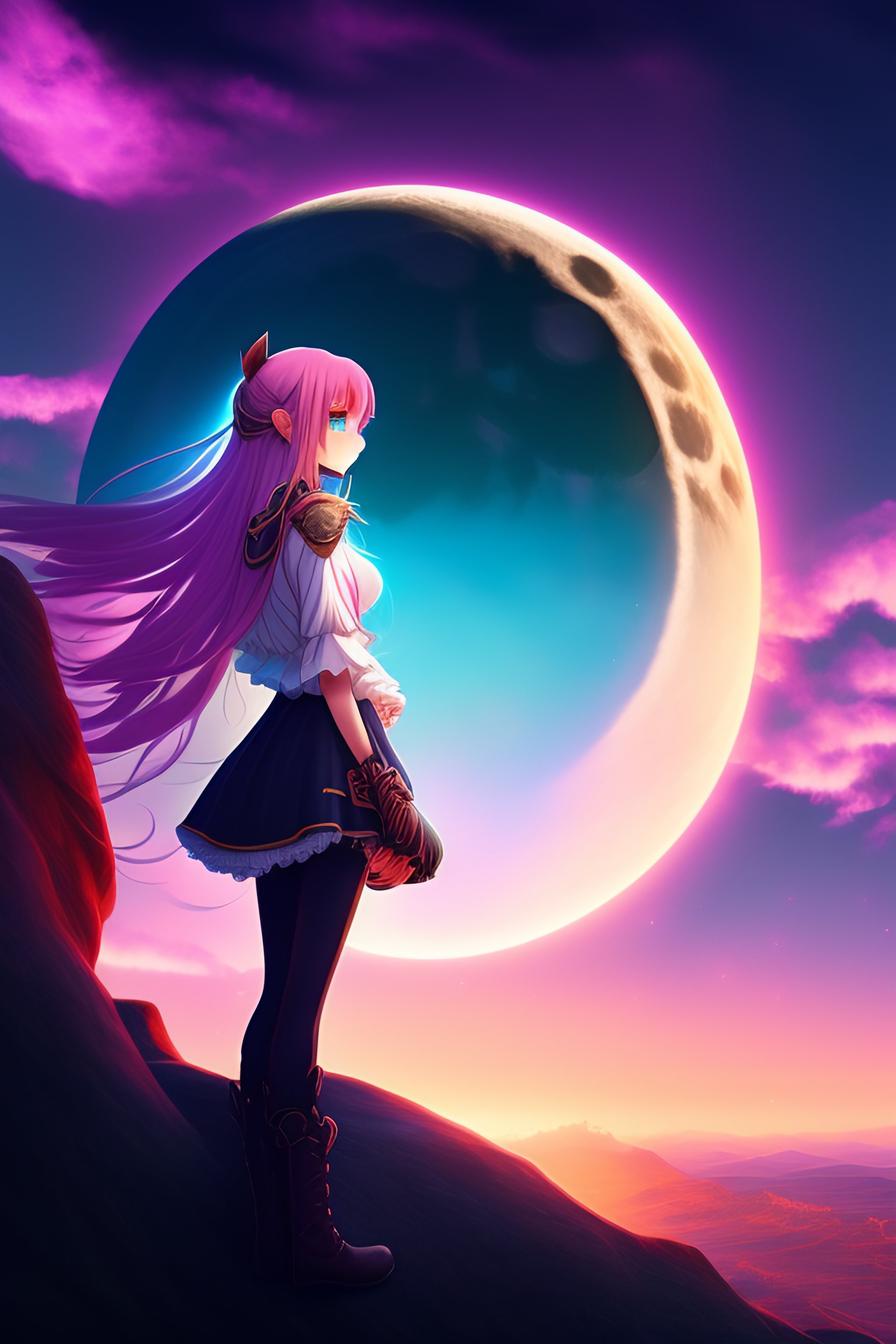 Lexica - Full moon, pink moon, anime, anime girl, long hair, view in ...