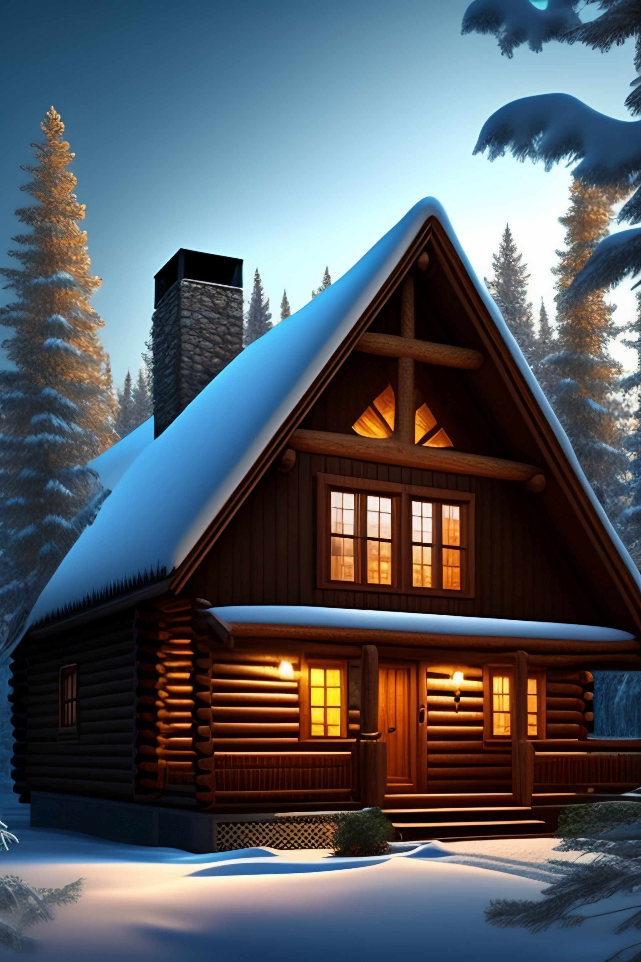 Lexica - Wooden cabin on the mountain, cozy, bonfire in front, decorations