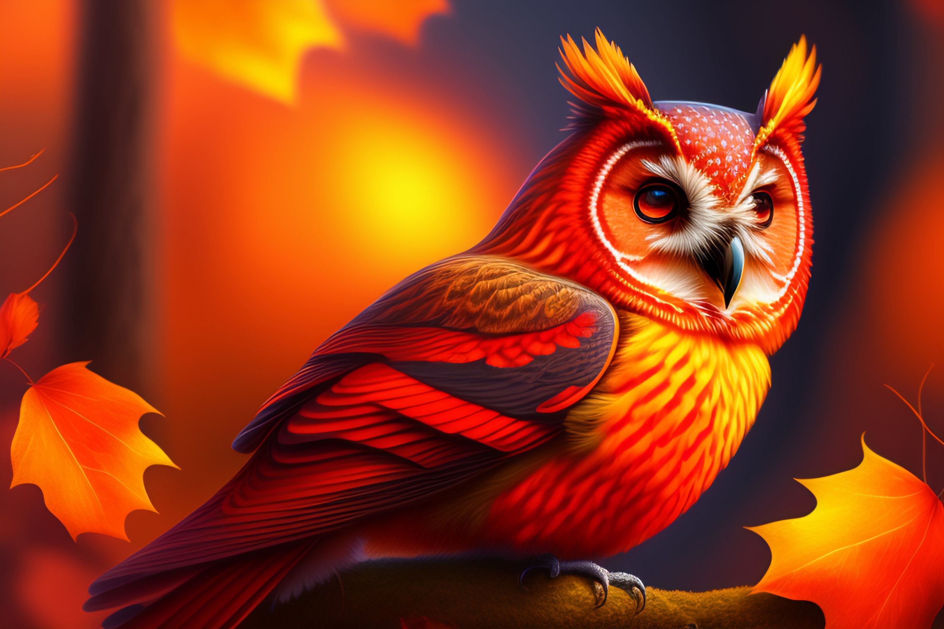 Lexica - Radiant red owl, glowing amber, autumn colours, highly ...