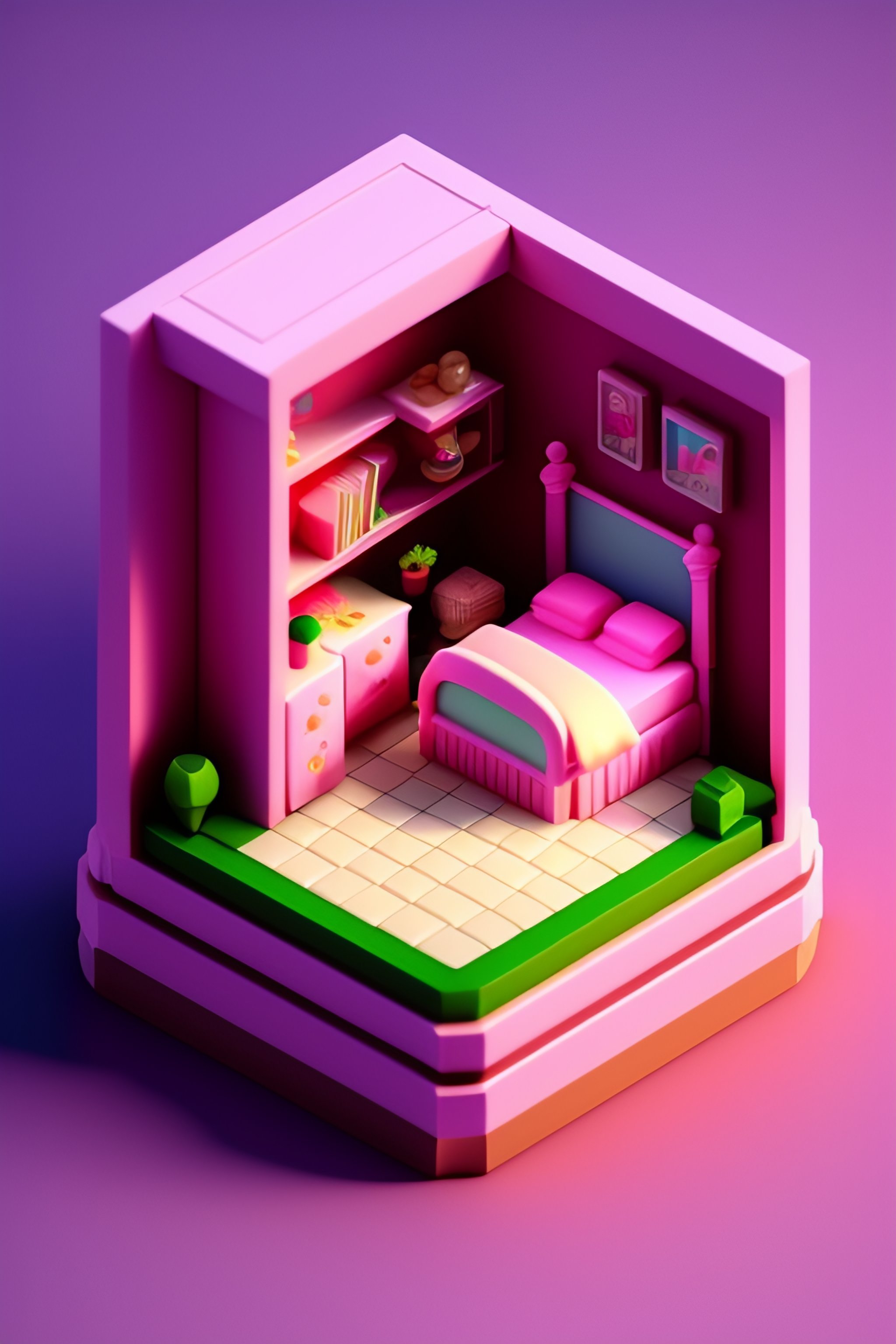Lexica - Tiny cute voxel isometric of a pink large bedroom with a bed ...