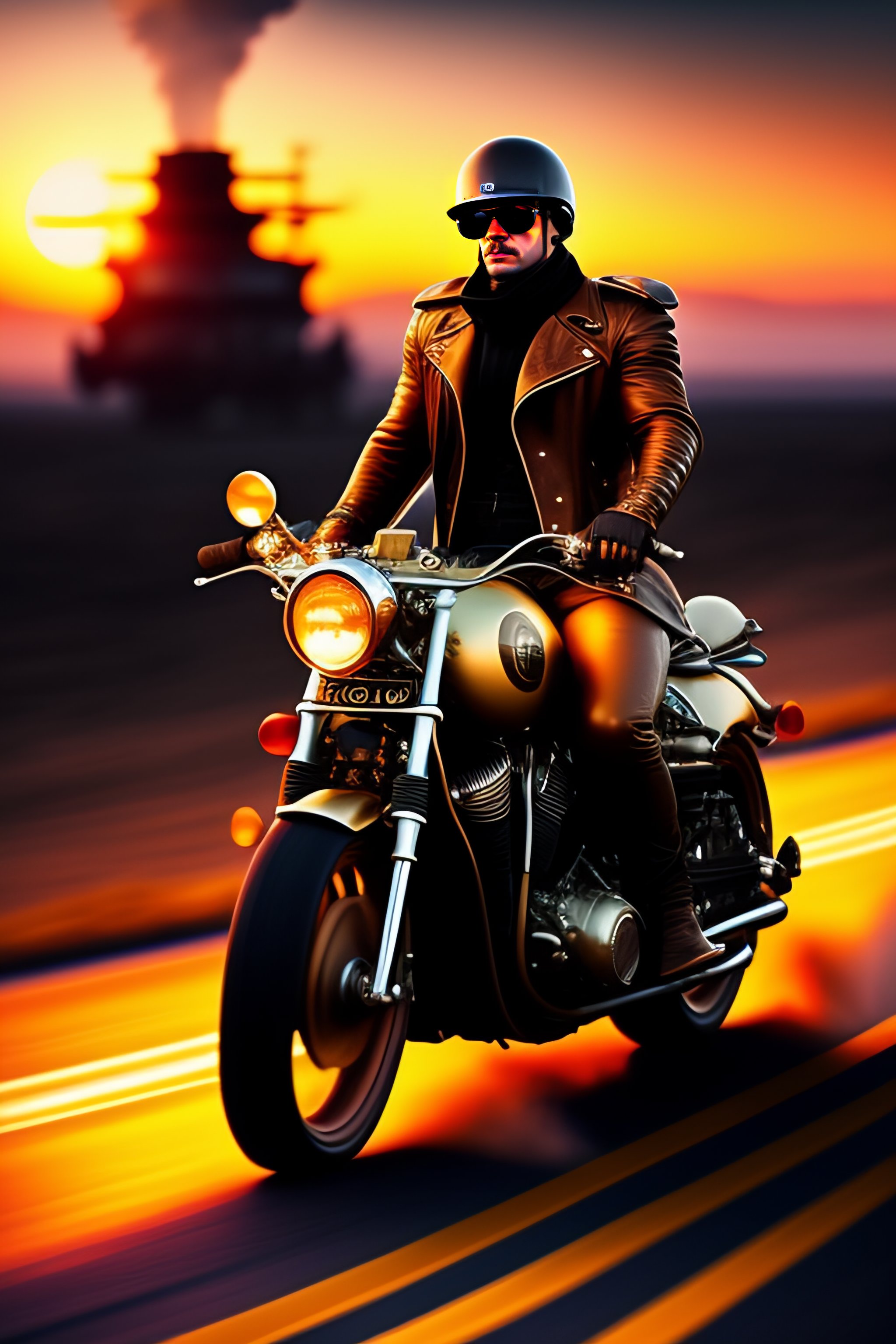 Lexica - Steam punk motorcycle, old rider, sunset, highway