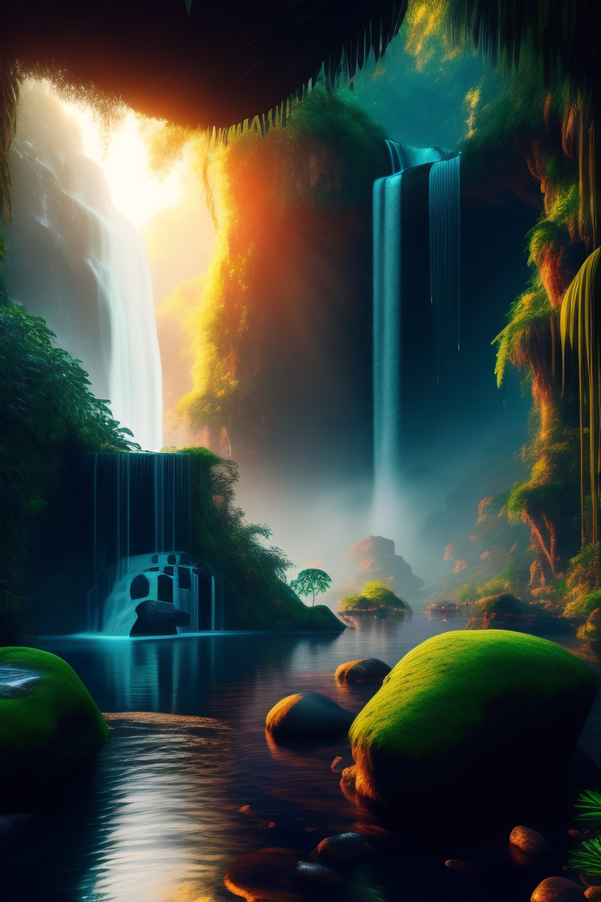 Lexica - A cinematic Aztec scene with a jungle and waterfalls ...