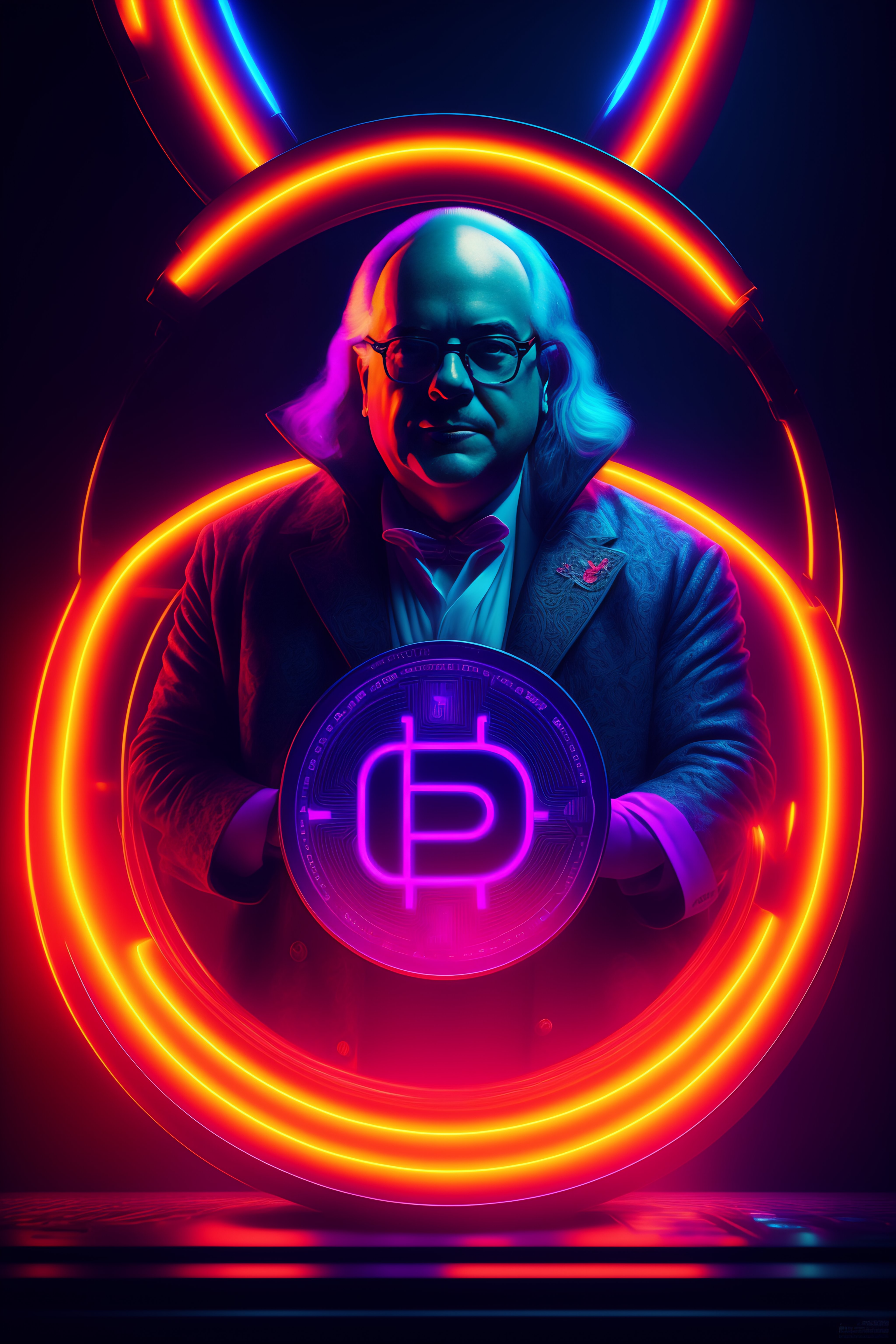 Lexica - Picture of Benjamin Franklin in crypto style, Imax cyber neon ...