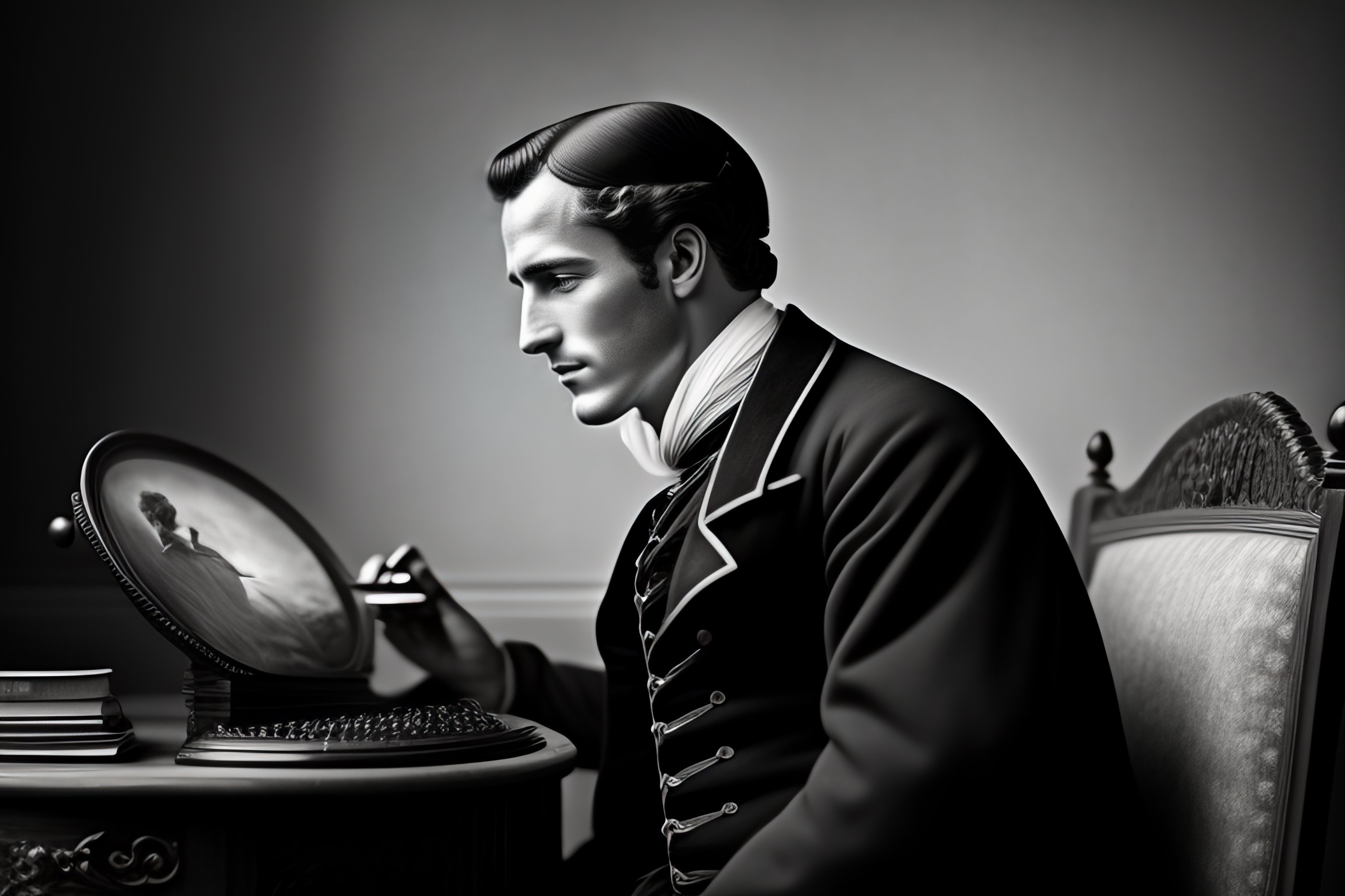 Lexica - 1800s photo of man using computer in period cloths black and ...