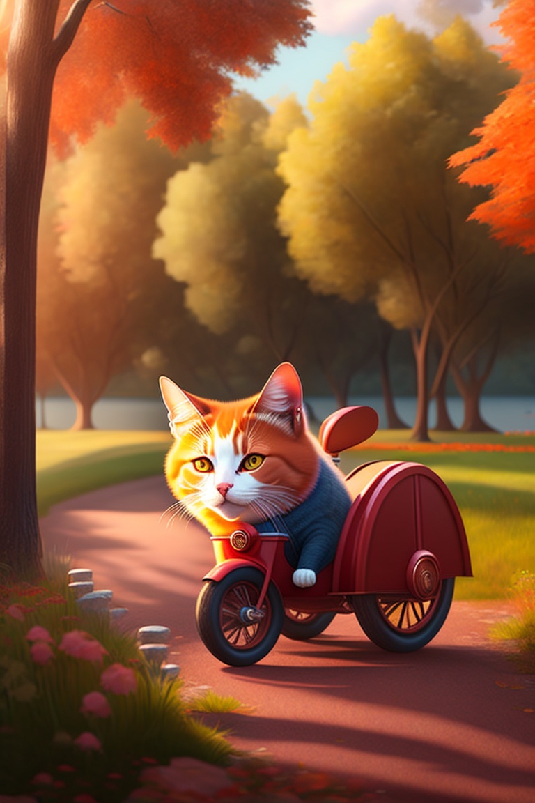 Lexica - Red cat riding a tricycle in the park near the lake, pixar ...
