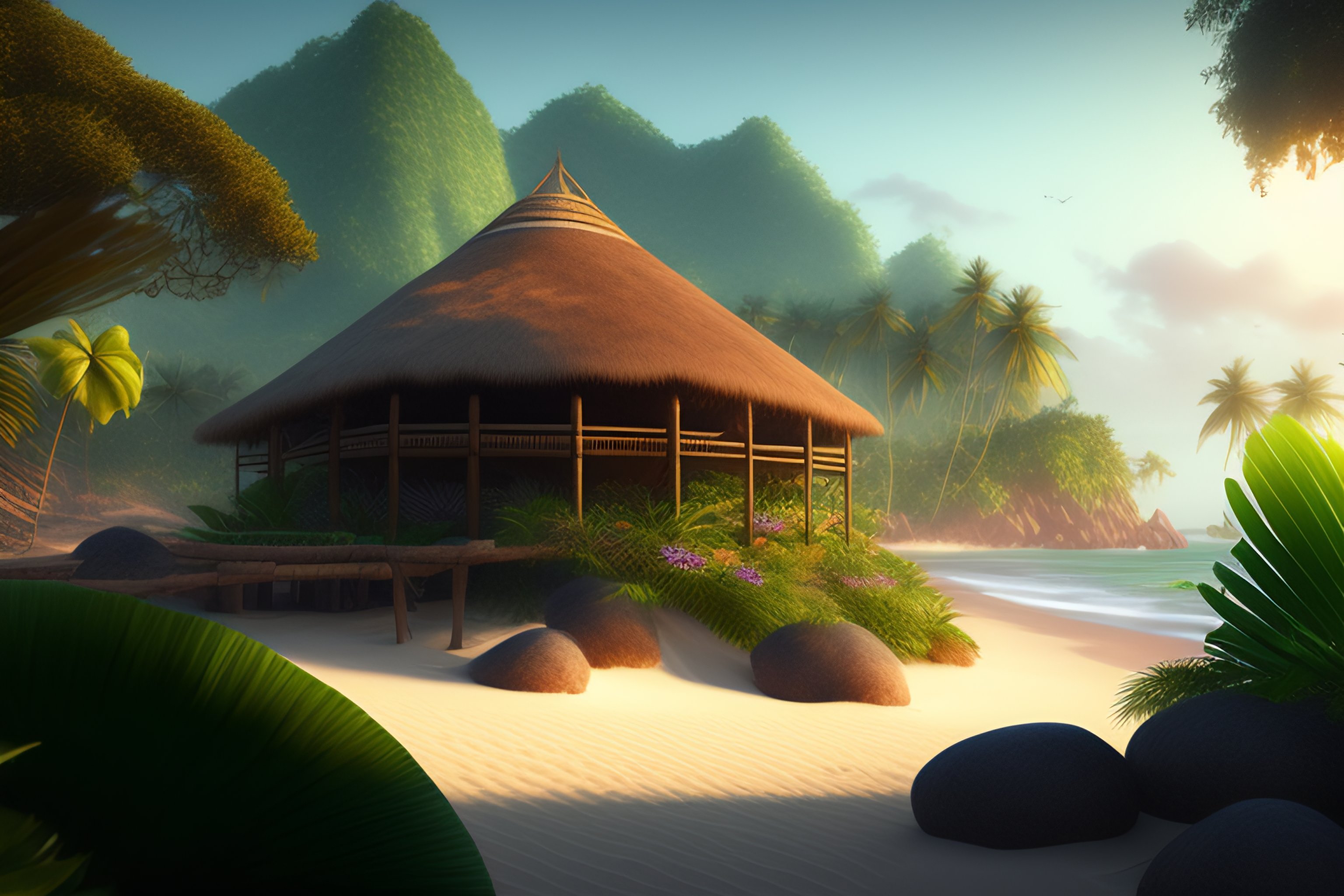 Lexica - Giant hut bamboo on tropical island beach yucca giant shells ...