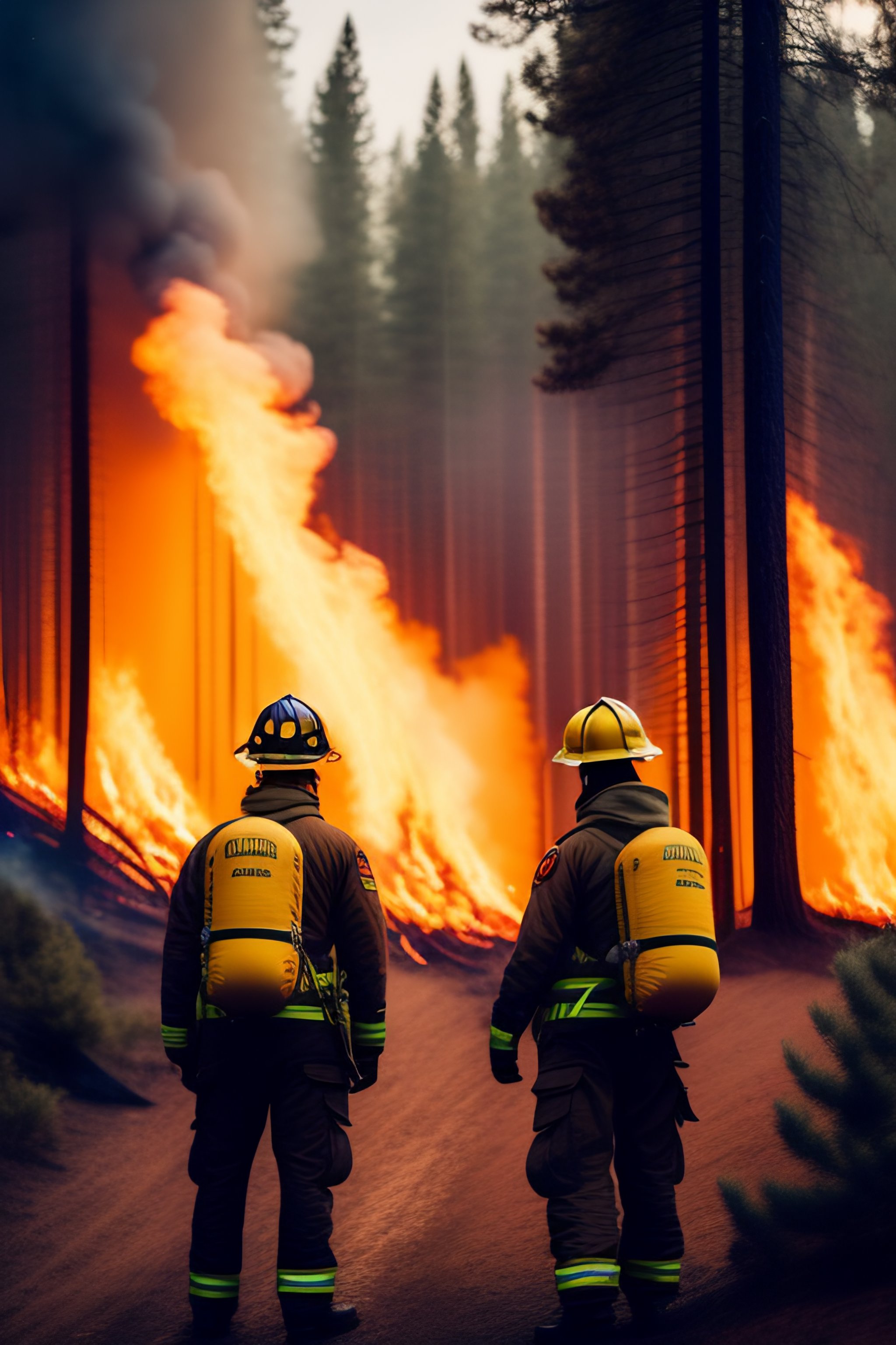 Lexica - Created three European firefighters putting out a forest fire