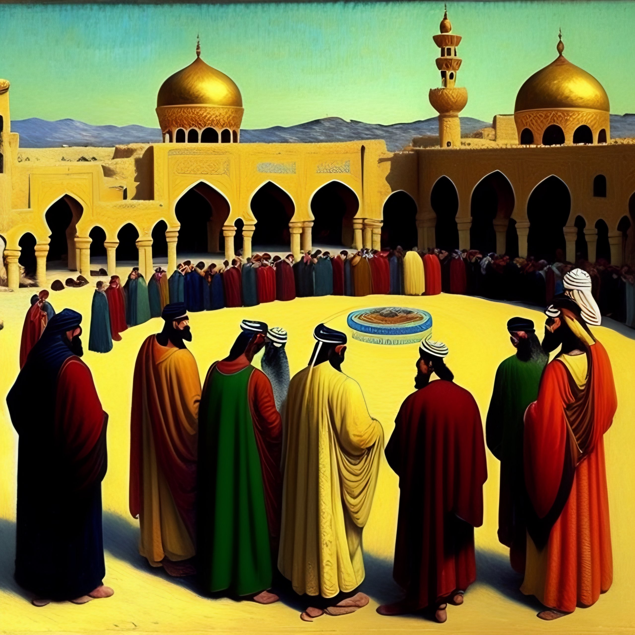 Lexica - A Van Gogh style of an 8th century group of eight Arab philosophers, standing in a ...