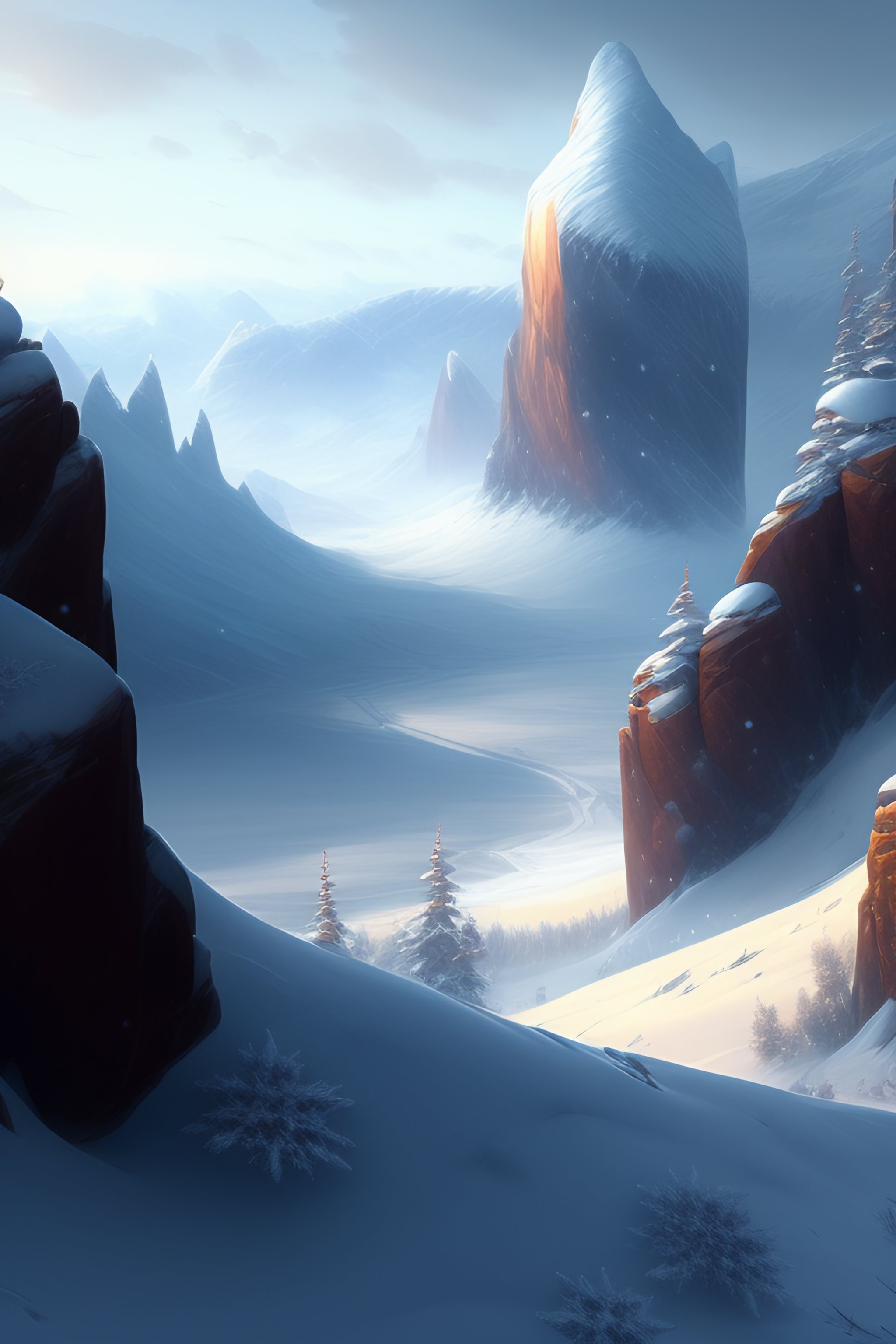 Lexica - A wonderful land with hyperdetailed snow falling on a wide ...