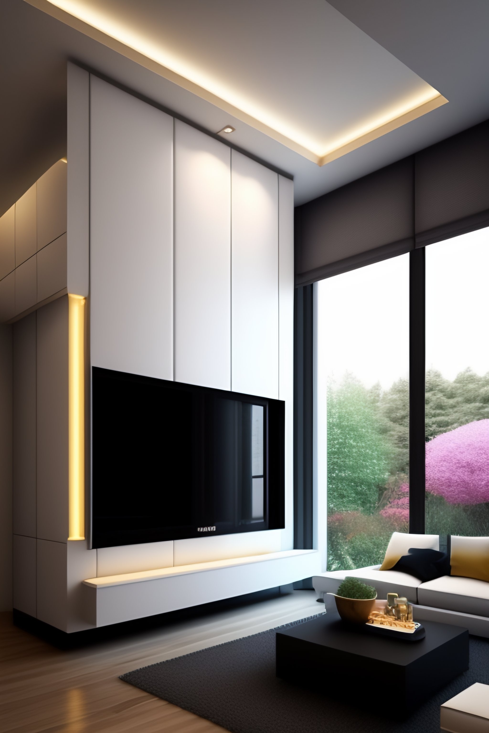 Lexica - A big screen hanging from the ceiling of a design living room