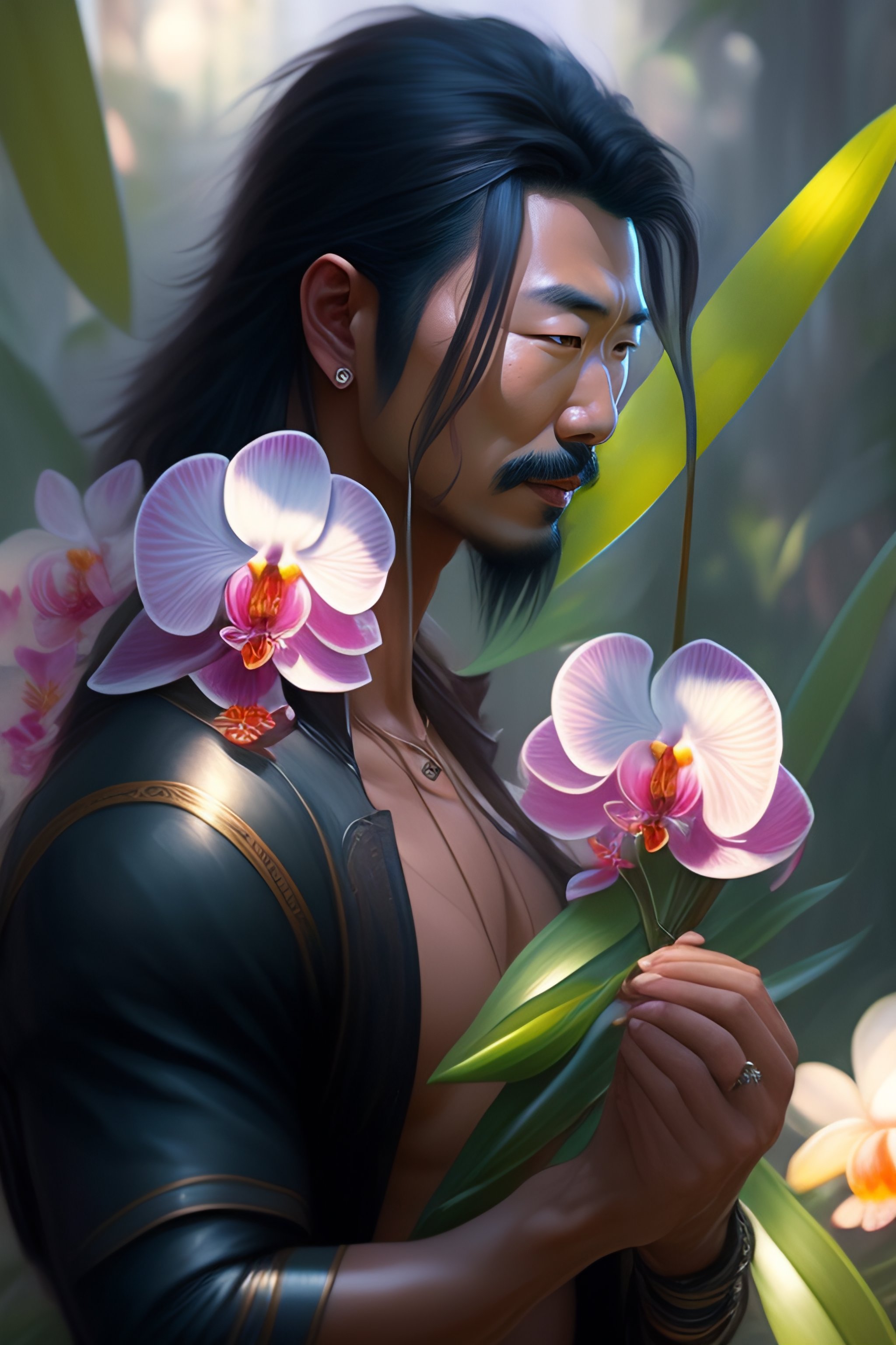 Lexica - Asian man with mullet smelling a flower, orchids everywhere ...
