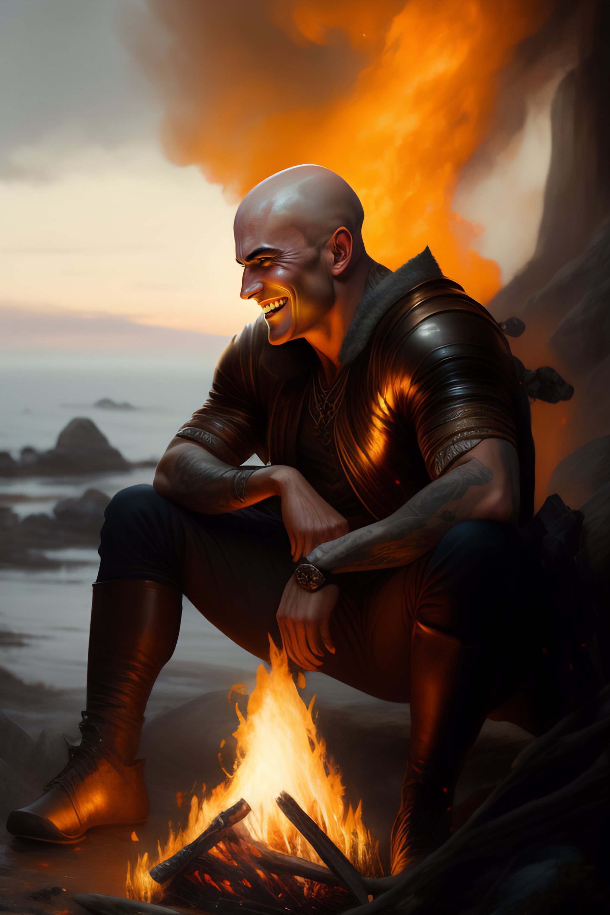 Lexica - Bald clean-shaven beowulf sitting by a campfire and laughing ...