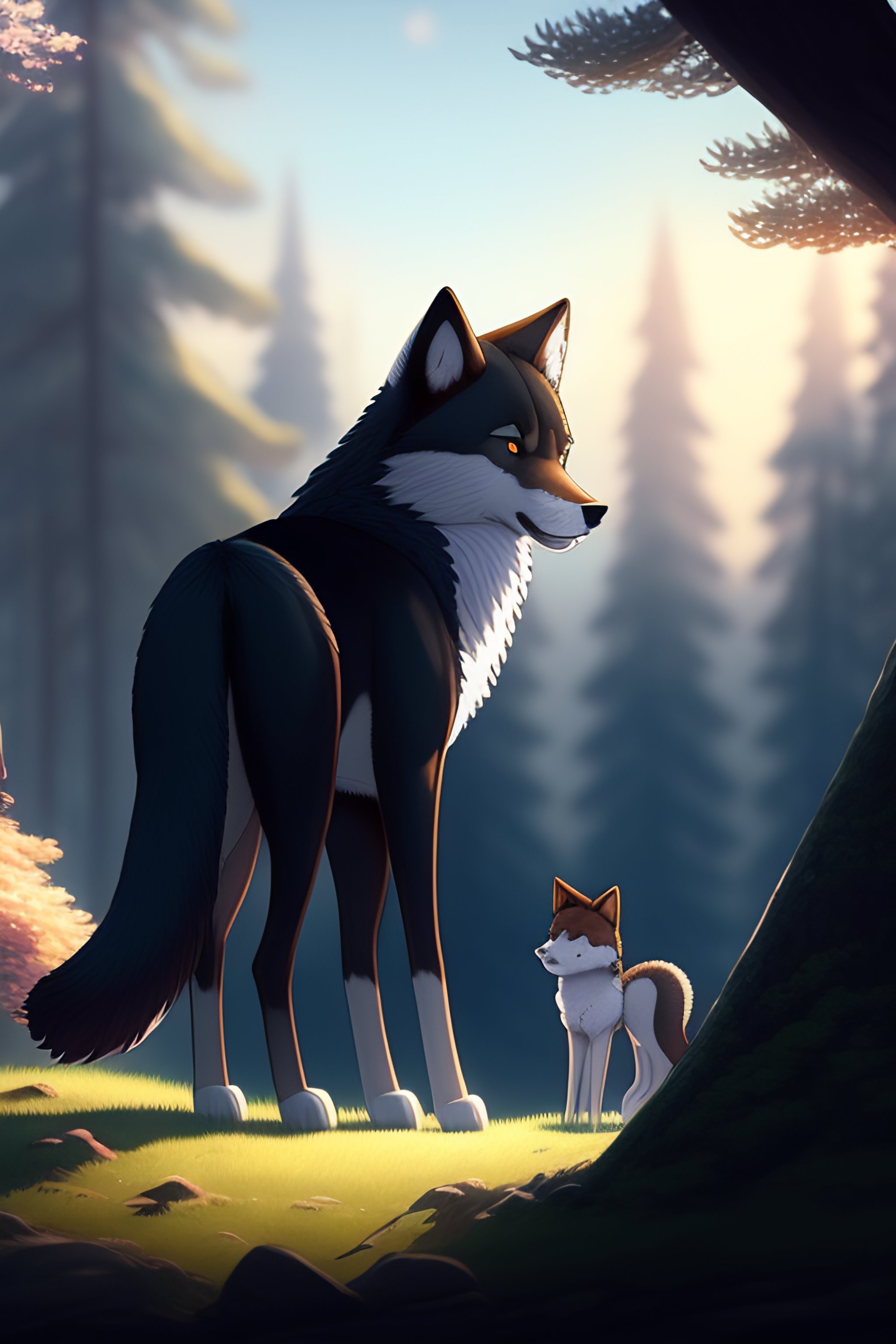 Lexica - Wide shot. A children book illustration about 3 little wolves ...