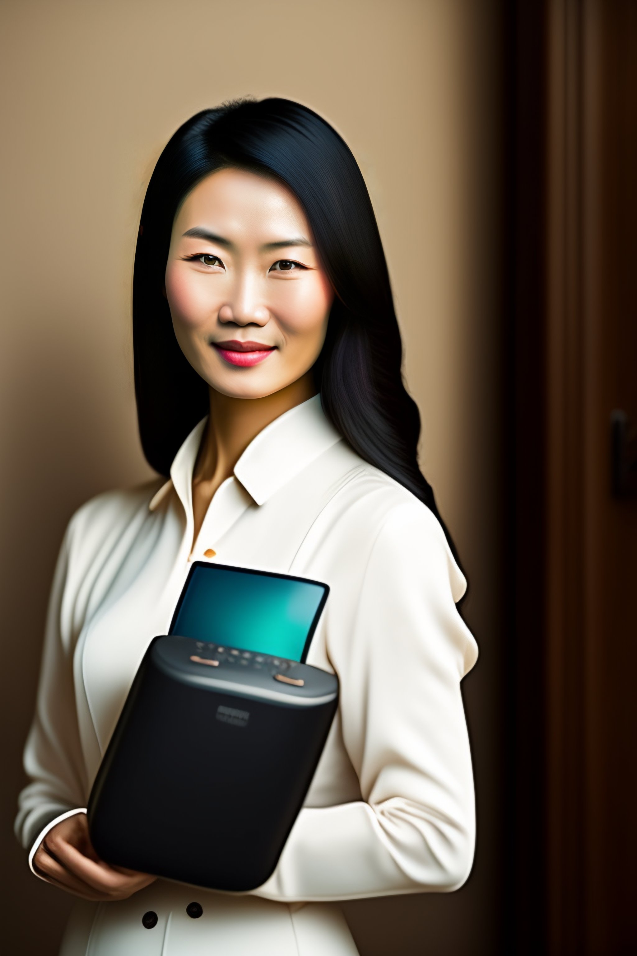 Lexica - Portrait of an asian woman holding a internet modem