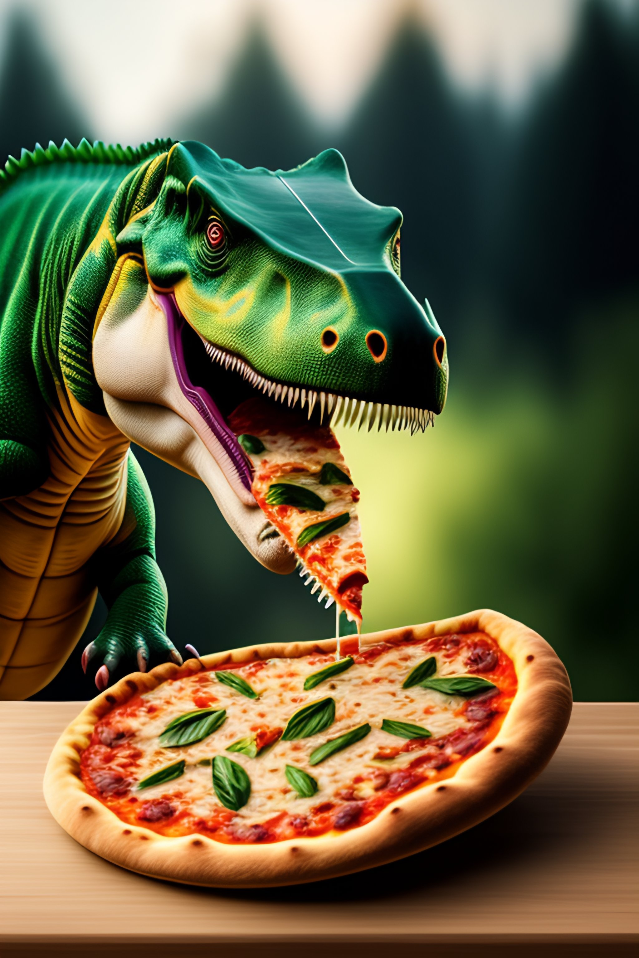 Lexica - Dinosaur eating pizza