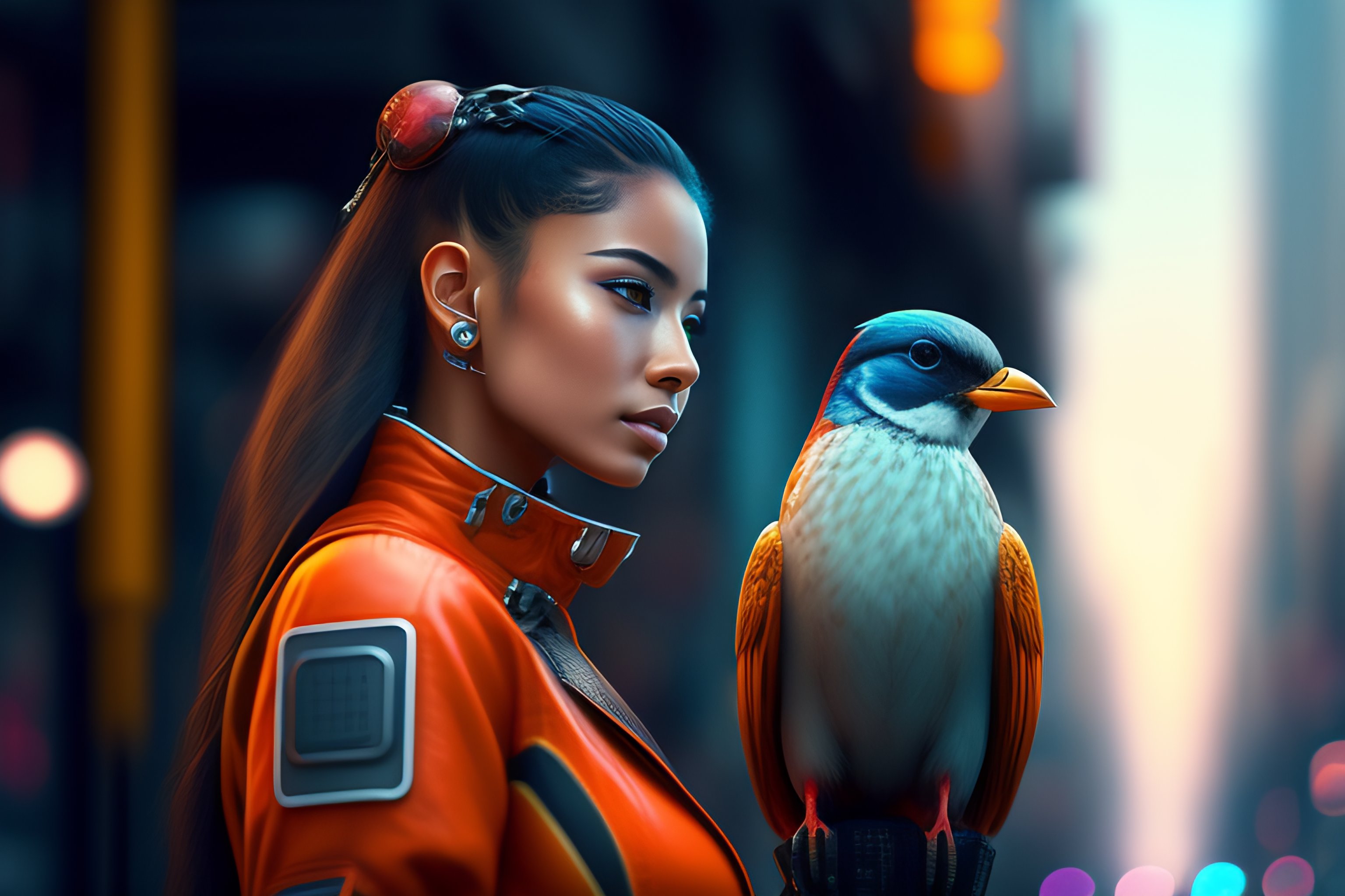 Lexica - Futuristic cyborg girl with a bird in her palm on city streets ...