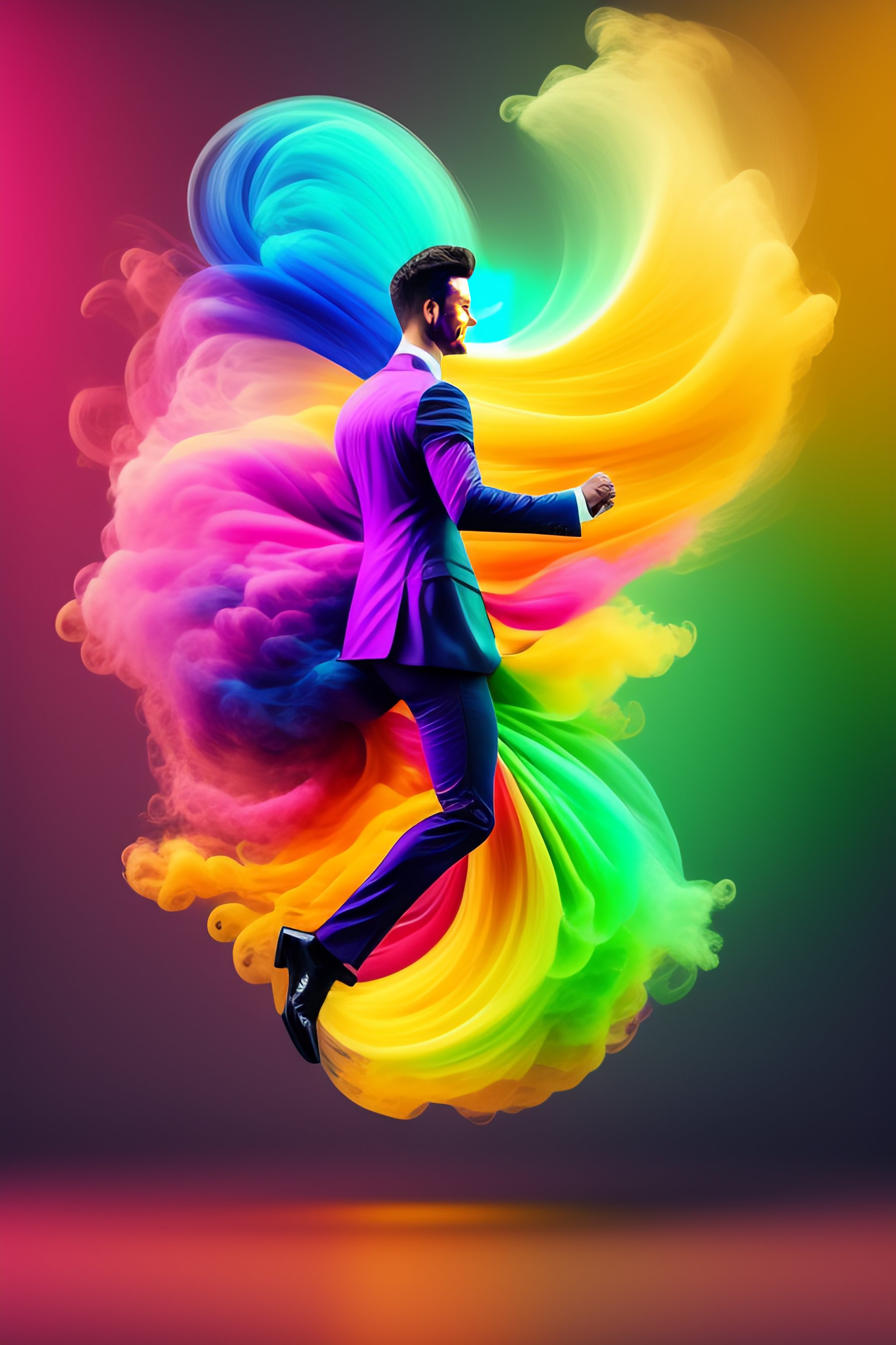 Lexica - Man in suit jumping, colorful, fade to color