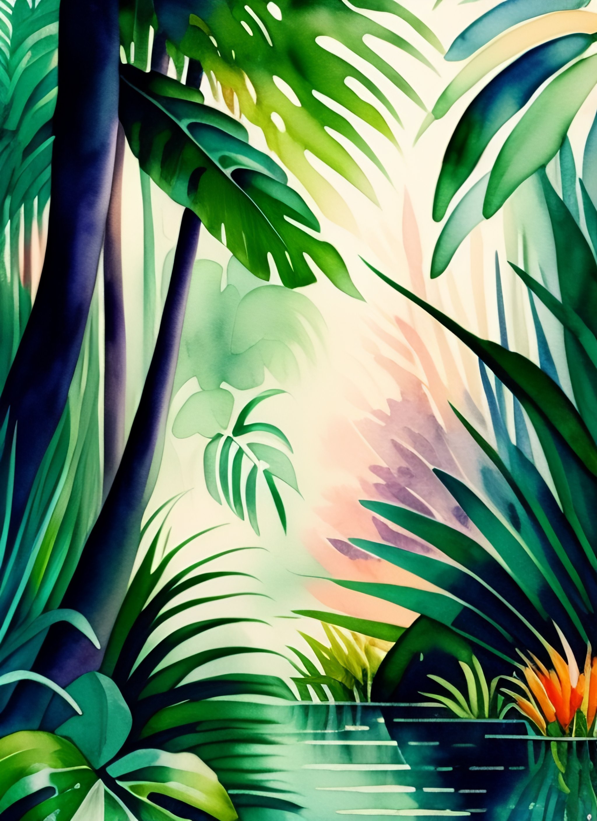 Lexica - Highly detailed watercolor painting of tropical forest with ...