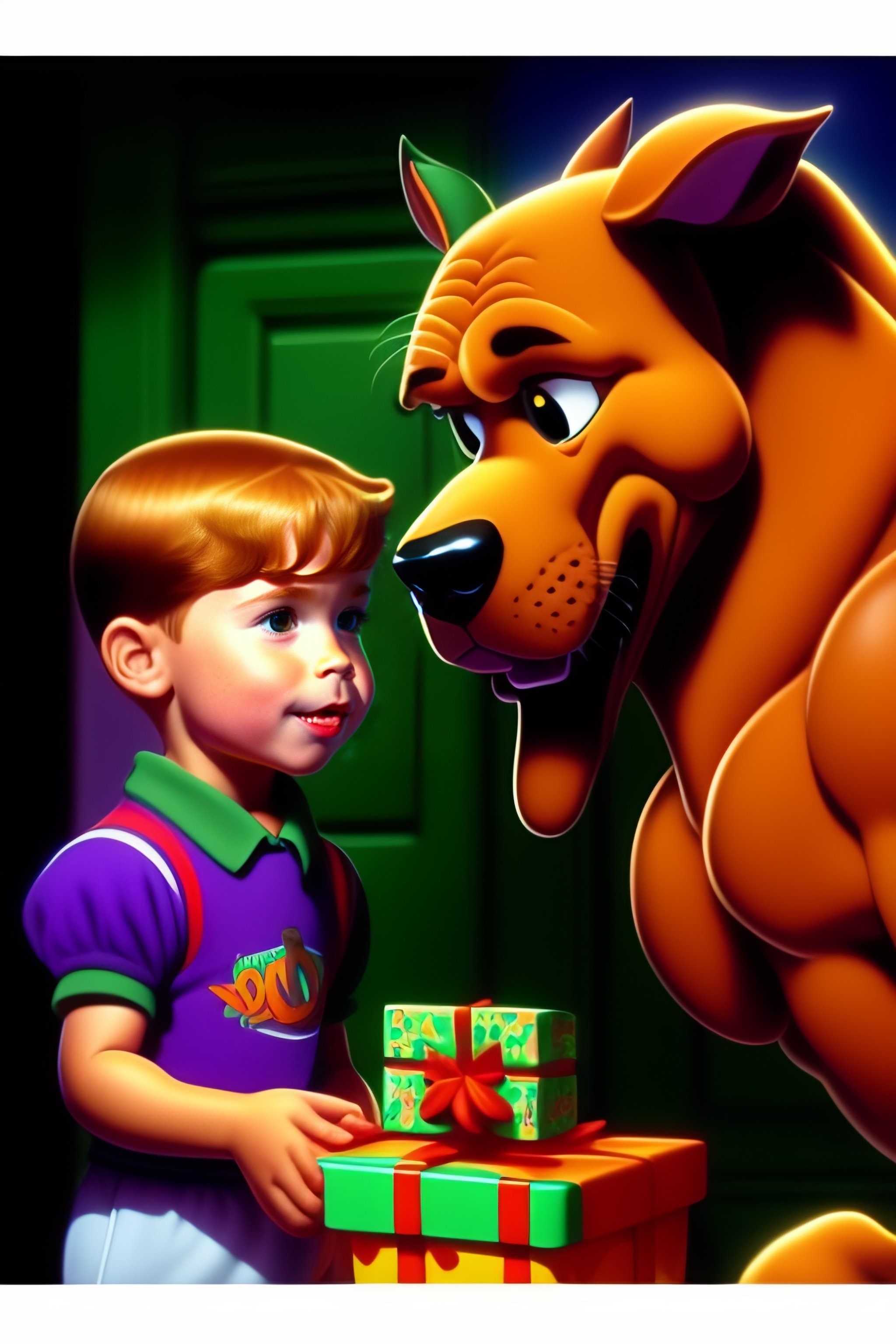 Lexica - Scooby doo opening a present, with child, realistic, cinematic