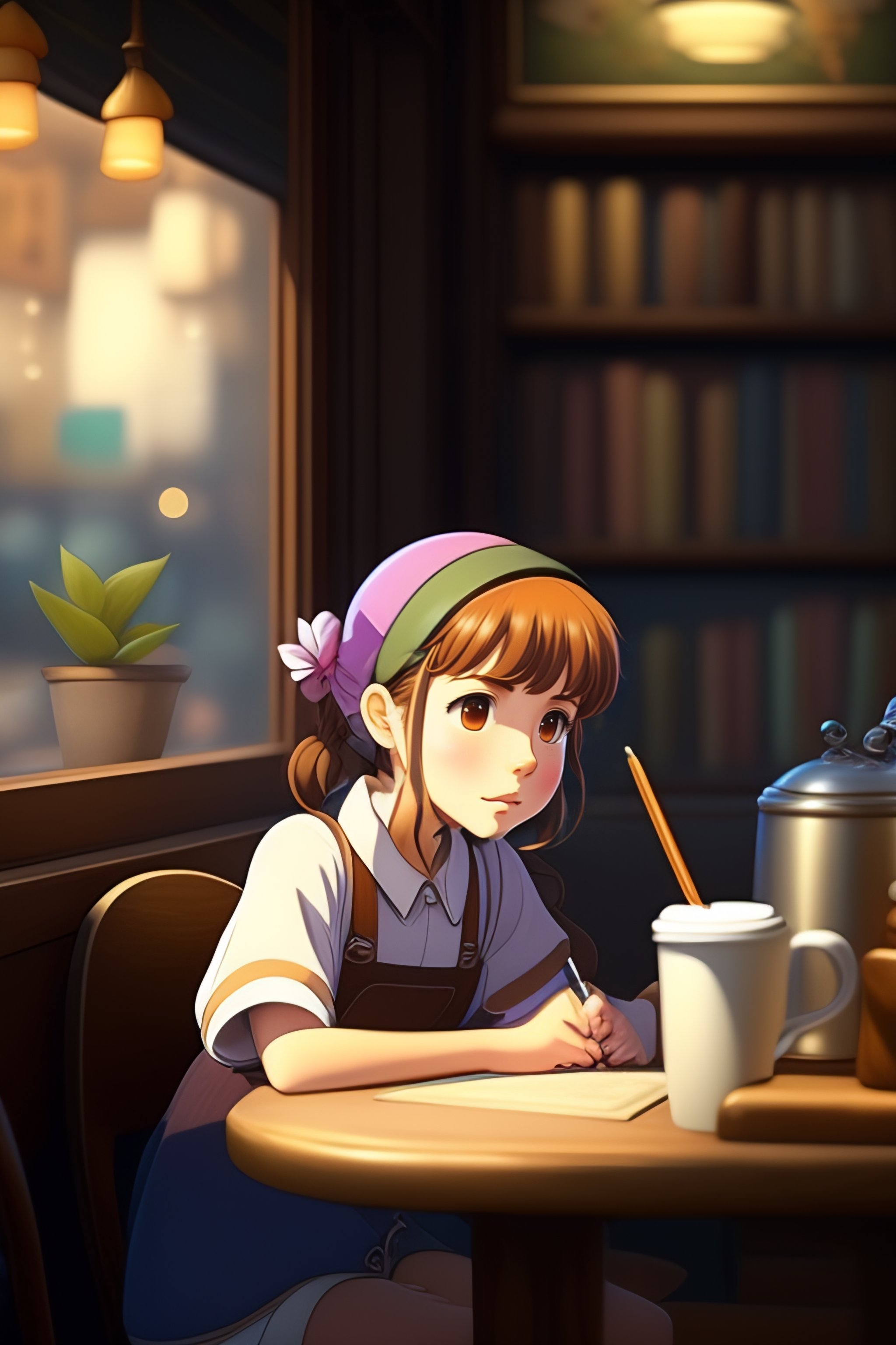 Lexica - A girl siting in a coffee shop writing , studio ghibli