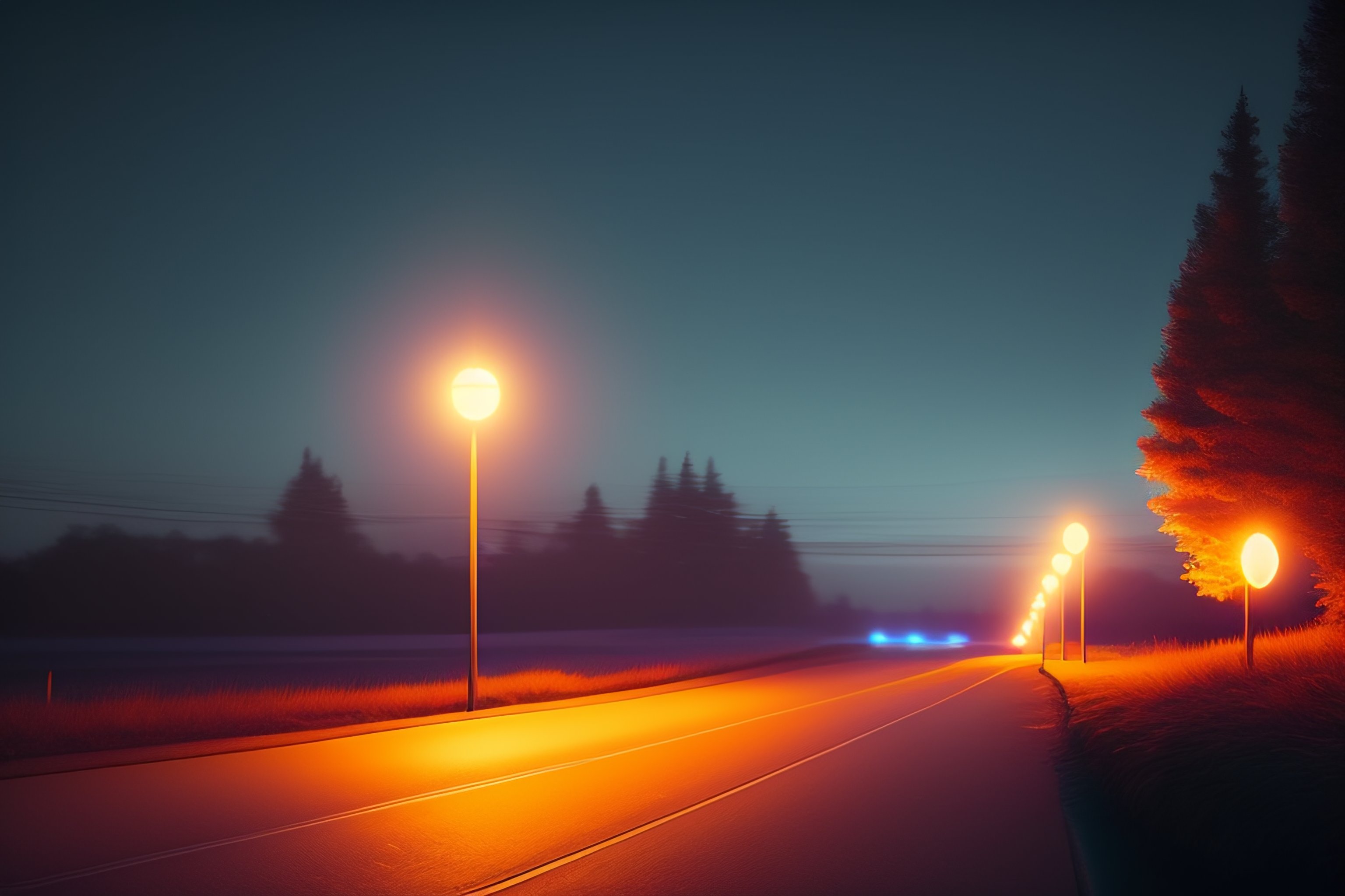 Lexica - Night, road side, single glowing sphere, illustrated by Simon ...