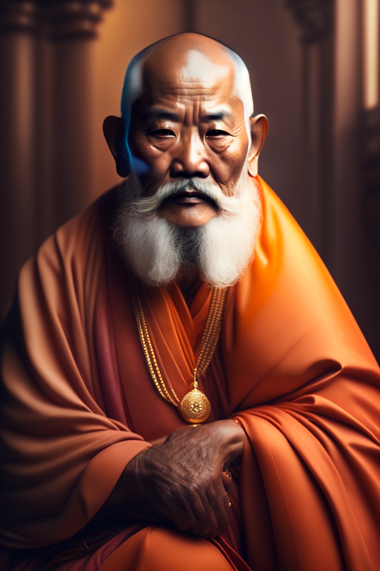 Lexica - Buddhist old monk focus on camera, full body, medium beard