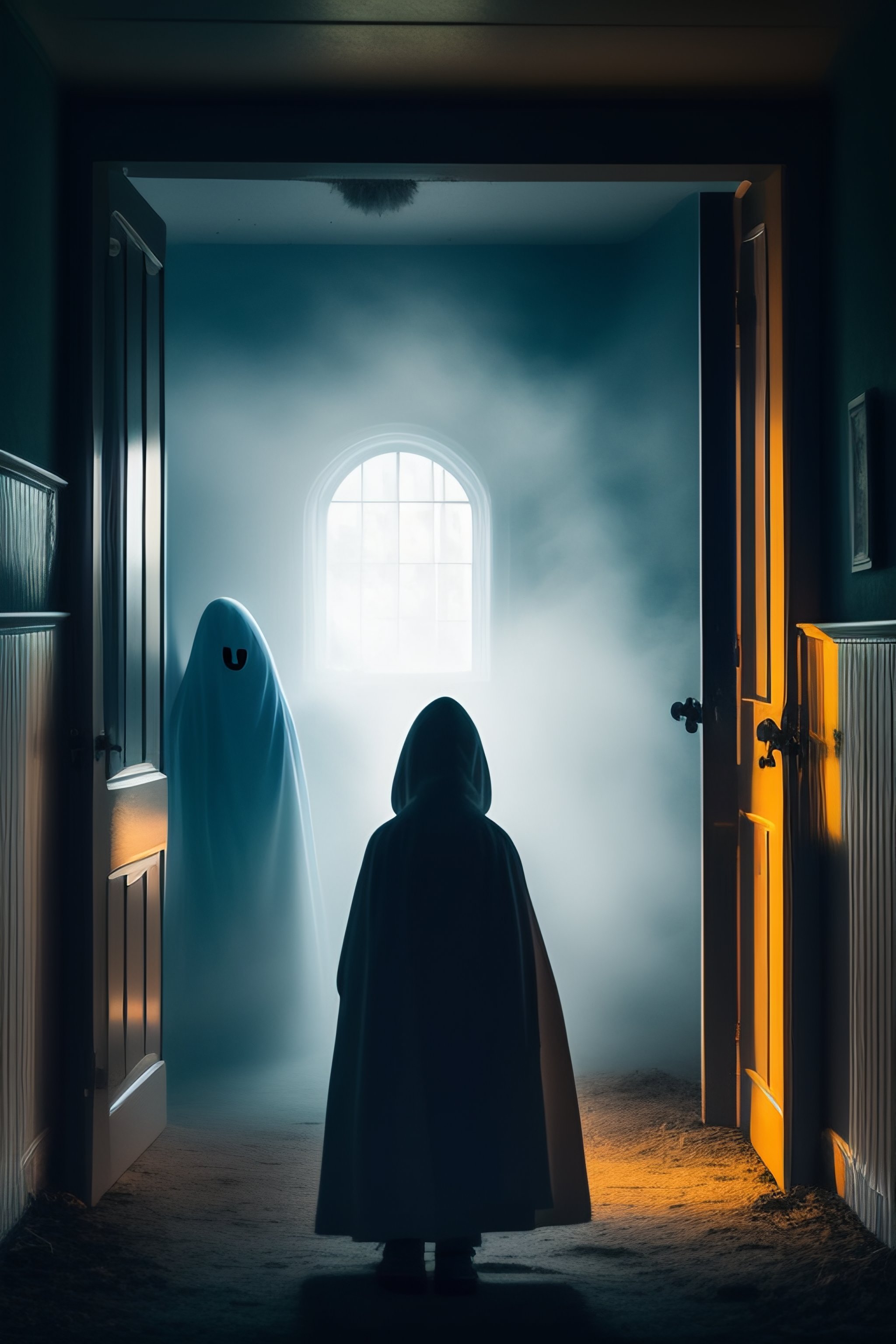 Lexica - Creepy ghost with a boy in the haunted house