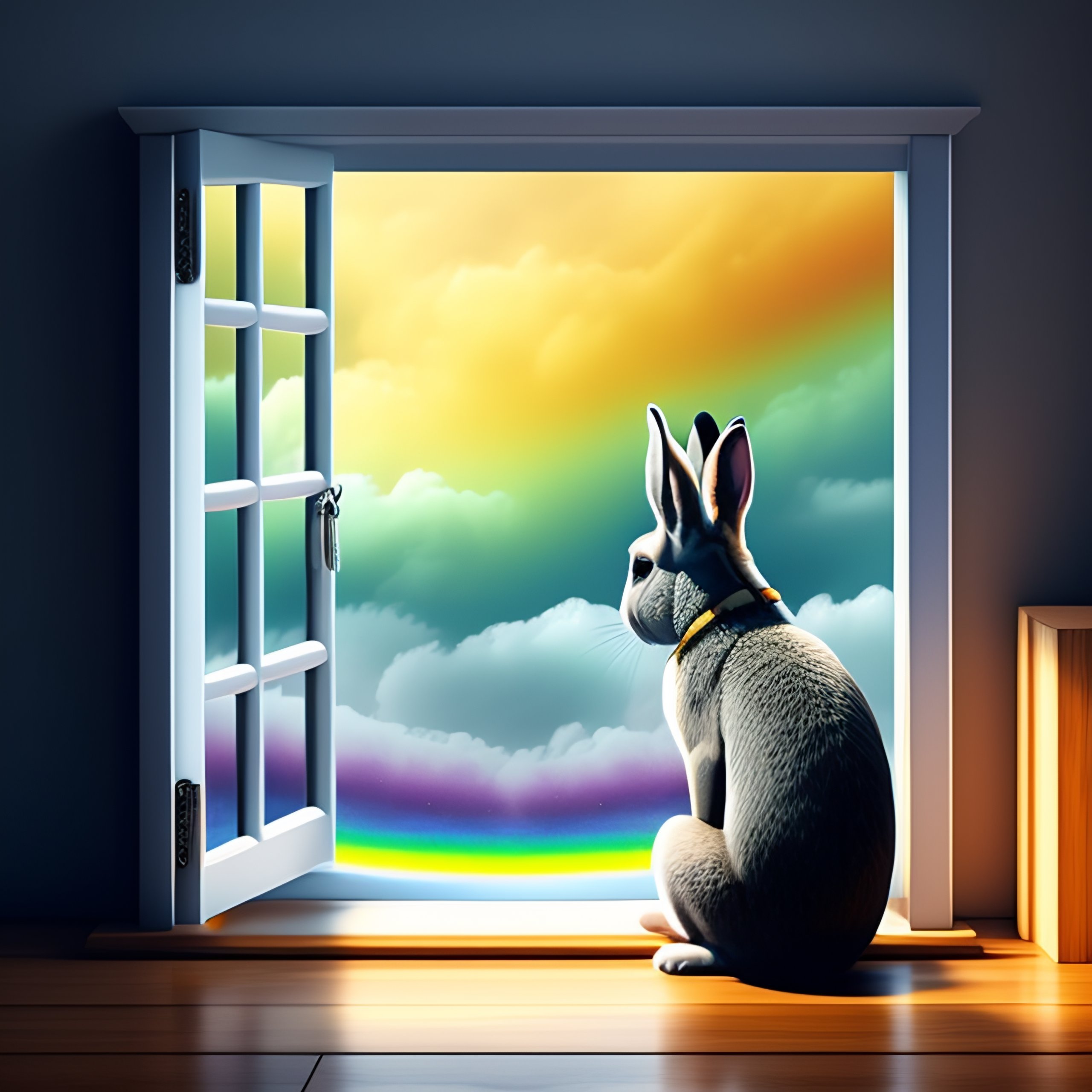 Lexica - Grey bunny looking at rainbow outside window illustration