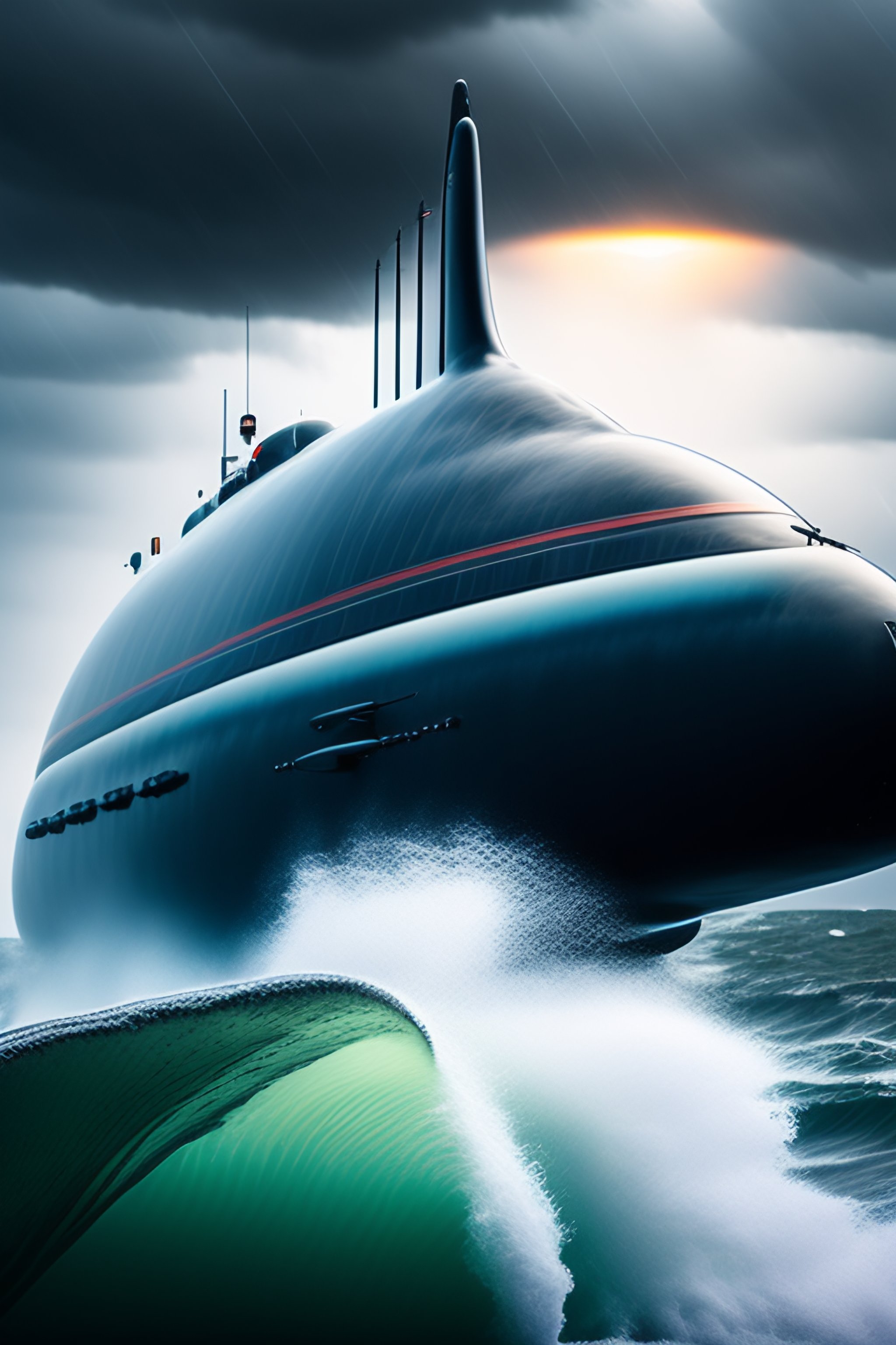 Lexica - A massive submarine surfacing in a storm with a small light in ...