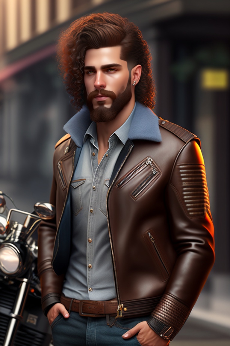 Lexica - Greek, curly hair, neat beard, biker leather jacket over body ...