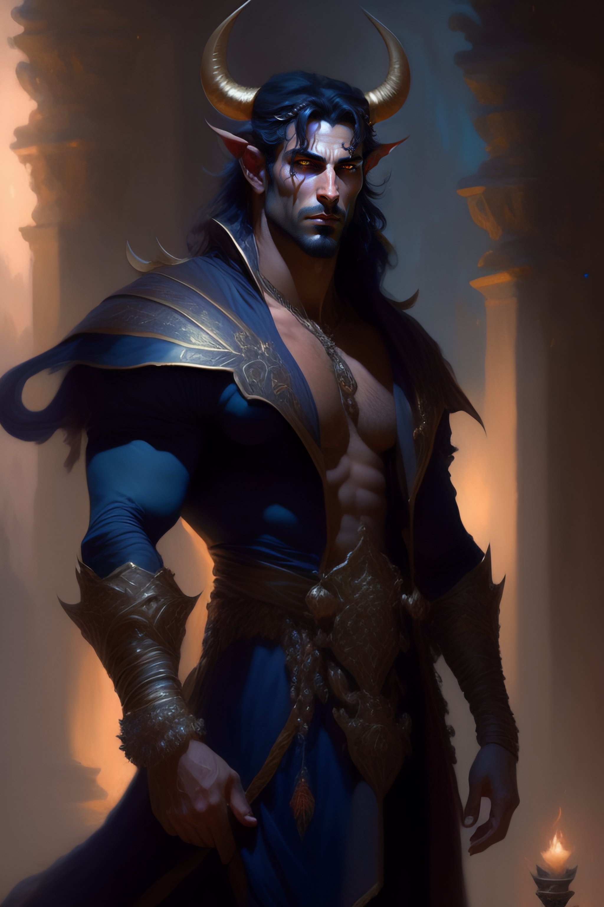 Lexica - Overwight handsome dark blue tiefling guy with horns and dark ...