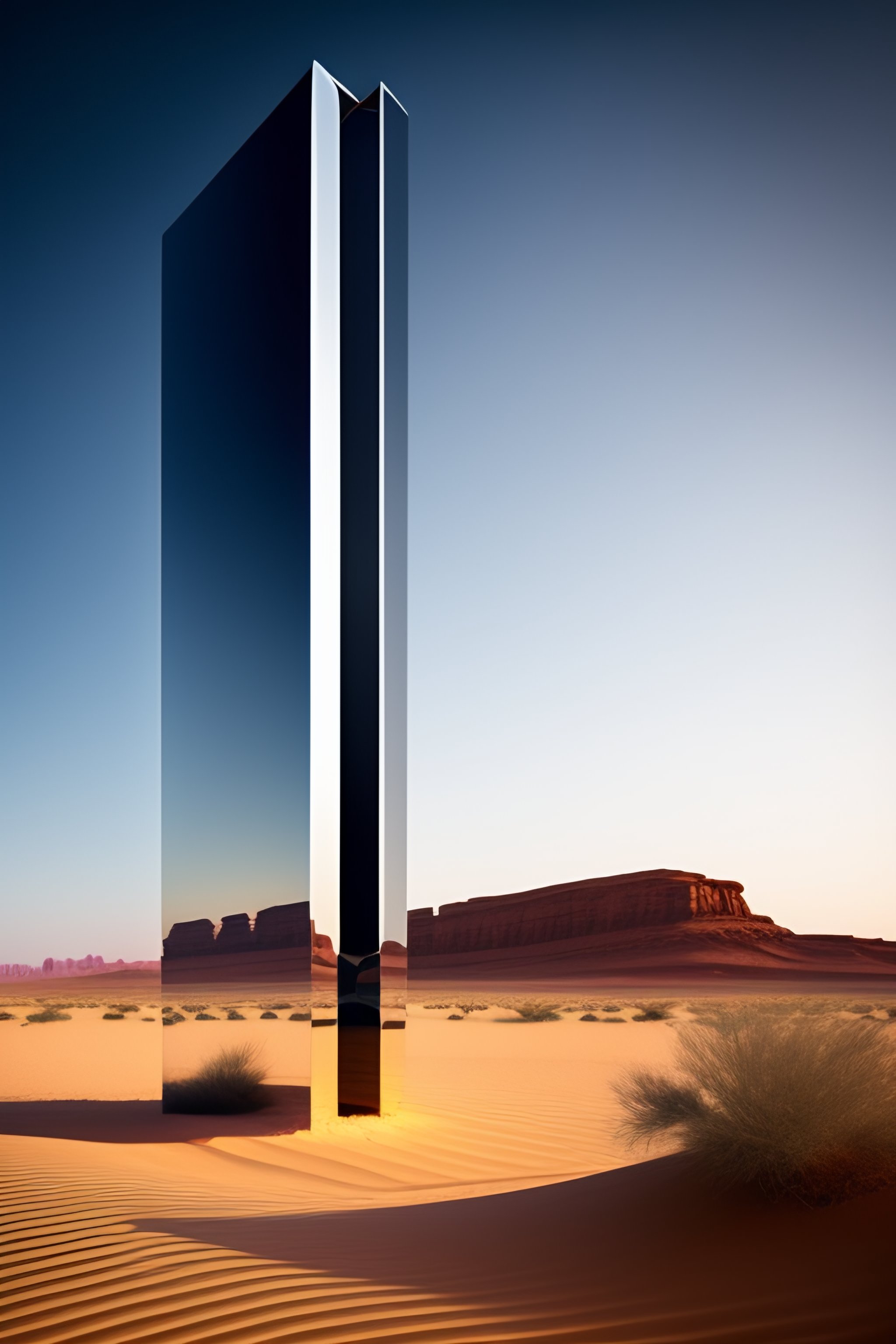 Lexica - Large metal monolith in desert, highly reflective