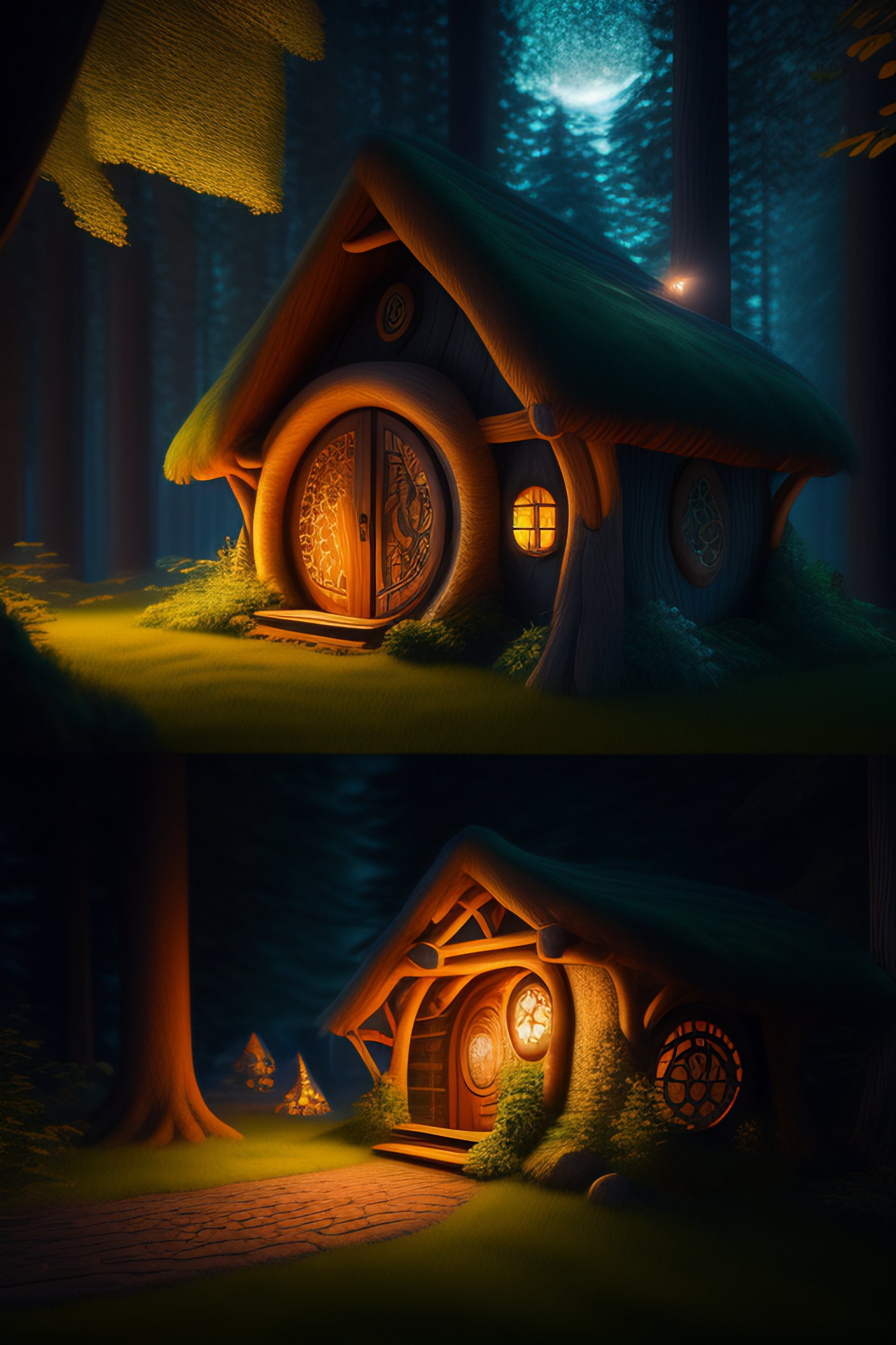 Lexica - Enchated forest, hobbit house, moonlight, magical, fairy ...