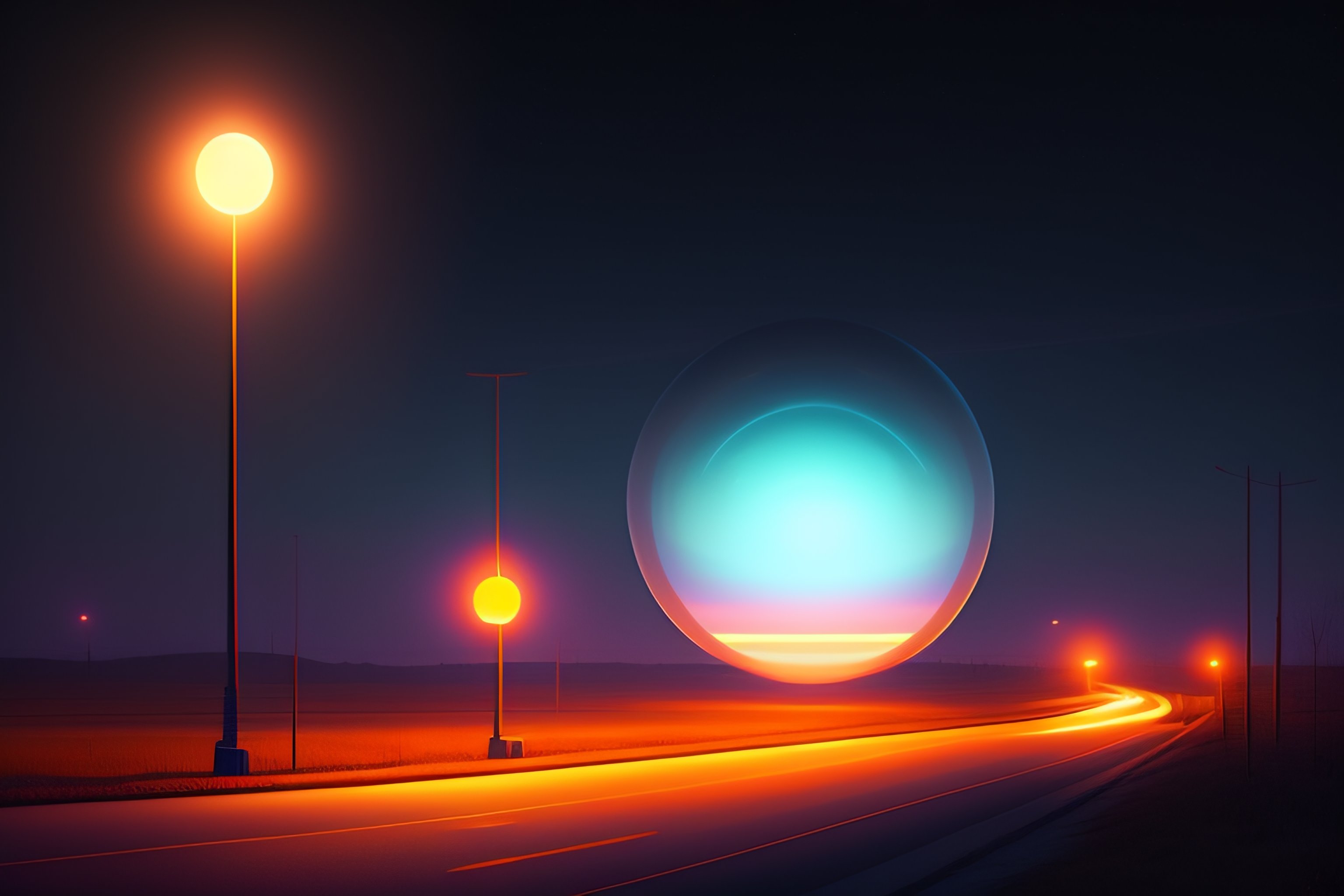 Lexica - Night, road side, single glowing sphere, illustrated by Simon ...
