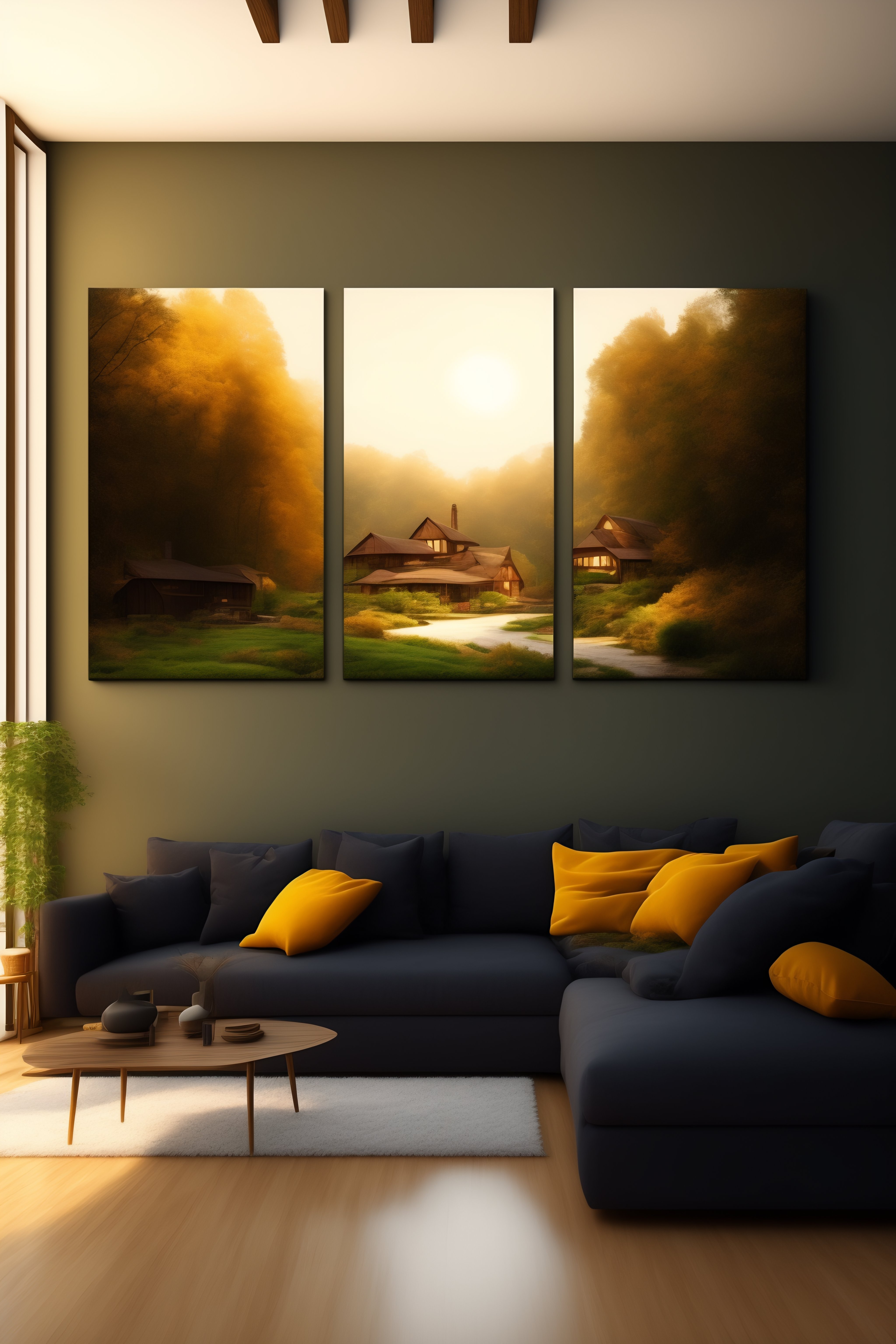 Lexica - 3 seperate canvas on wall in family house in 2000s archtechture