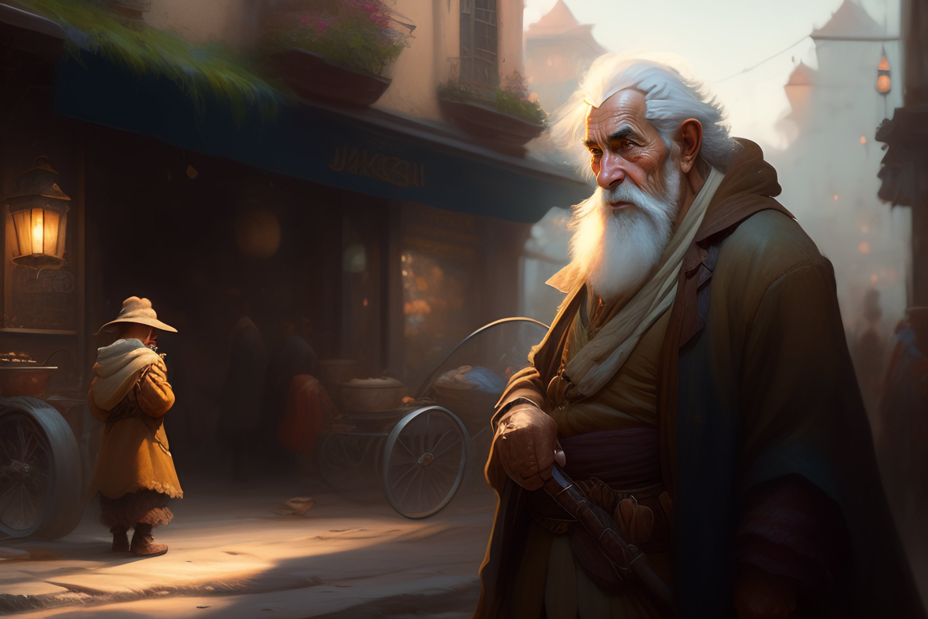 Lexica - An old hawker with messy clothes, austere old wrinkled face ...