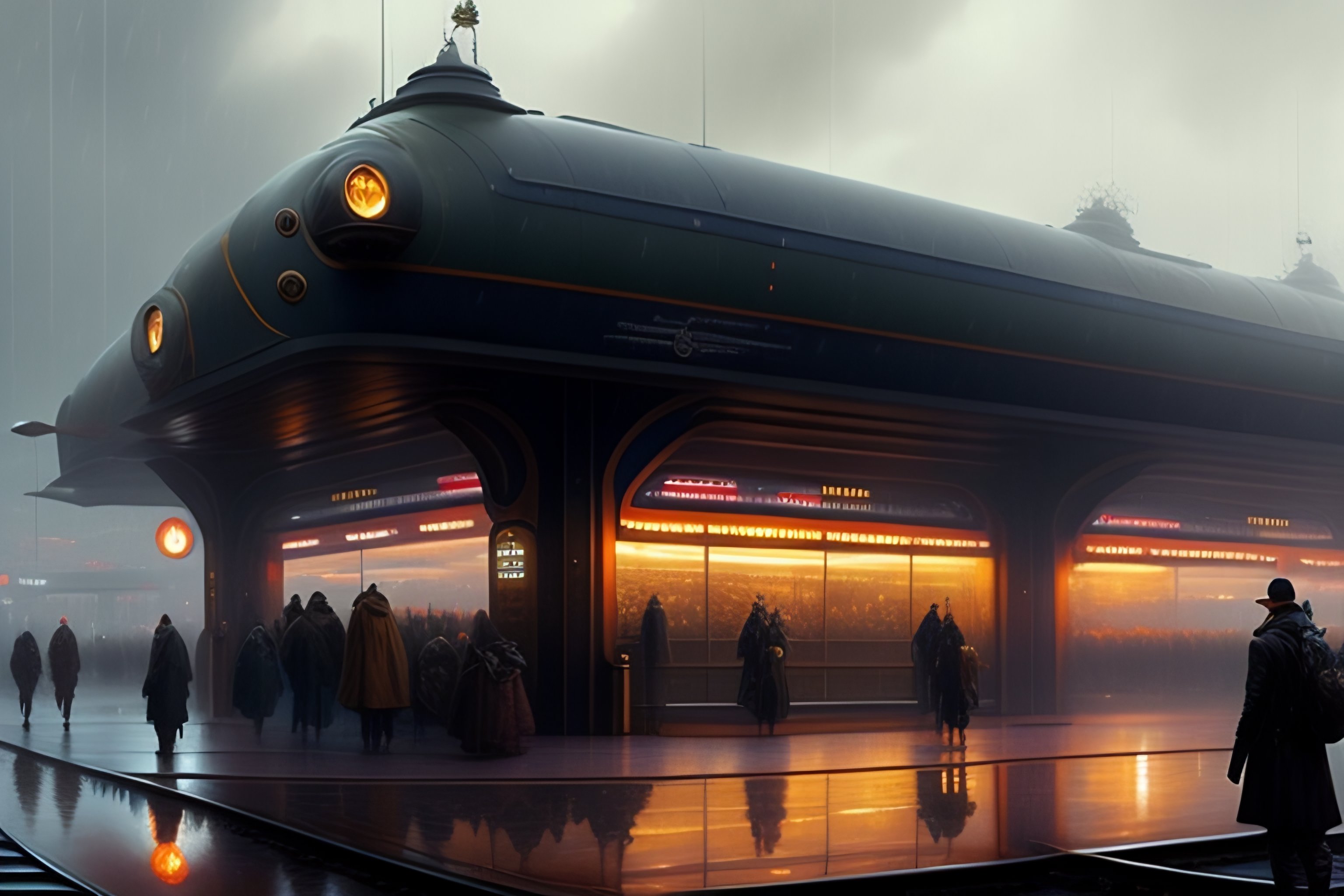 Lexica - Futuristic steampunk Duisburg rail station rainy weather ...