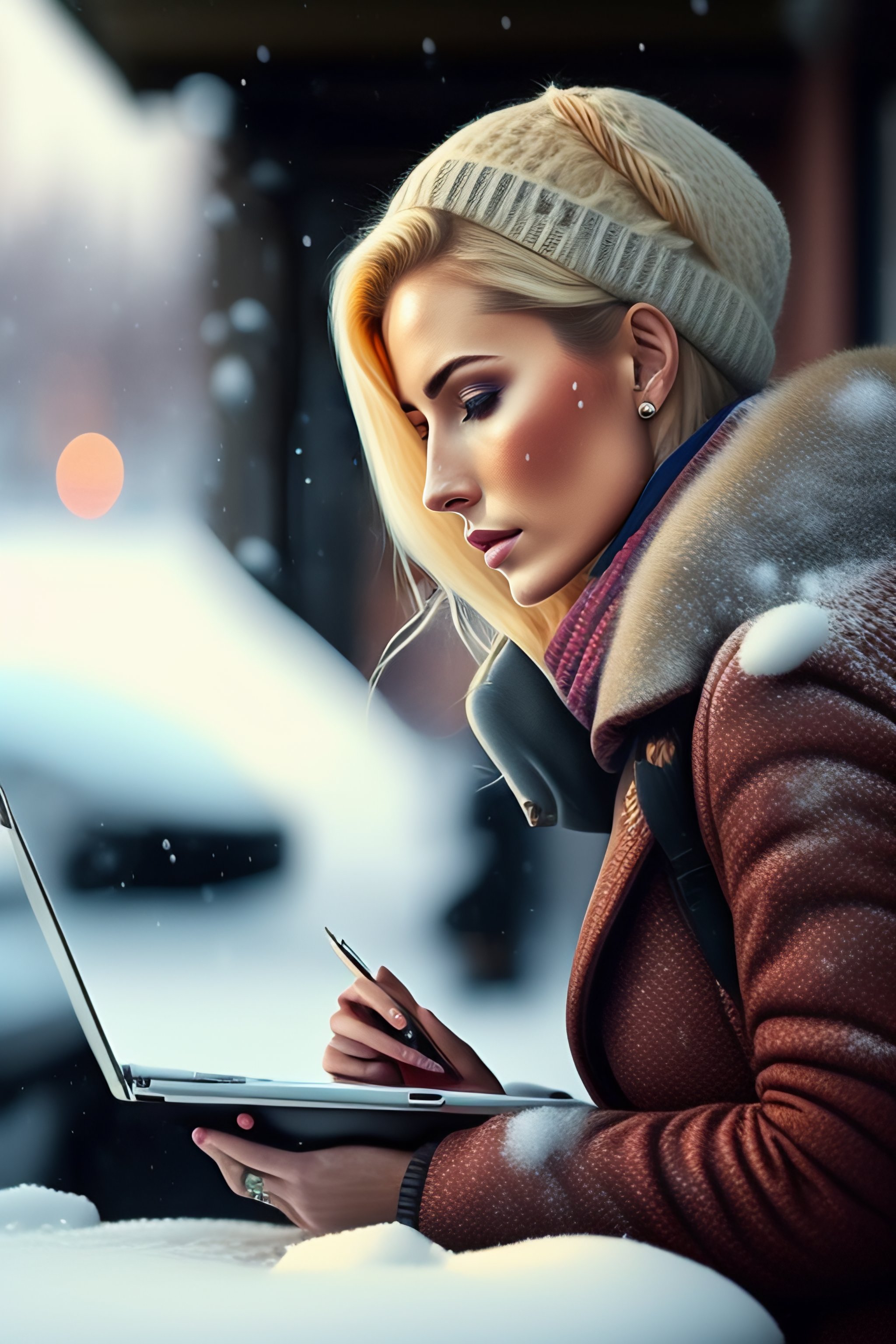 Lexica - Hipster desginer, blond, working on laptop in snow, outside, woman