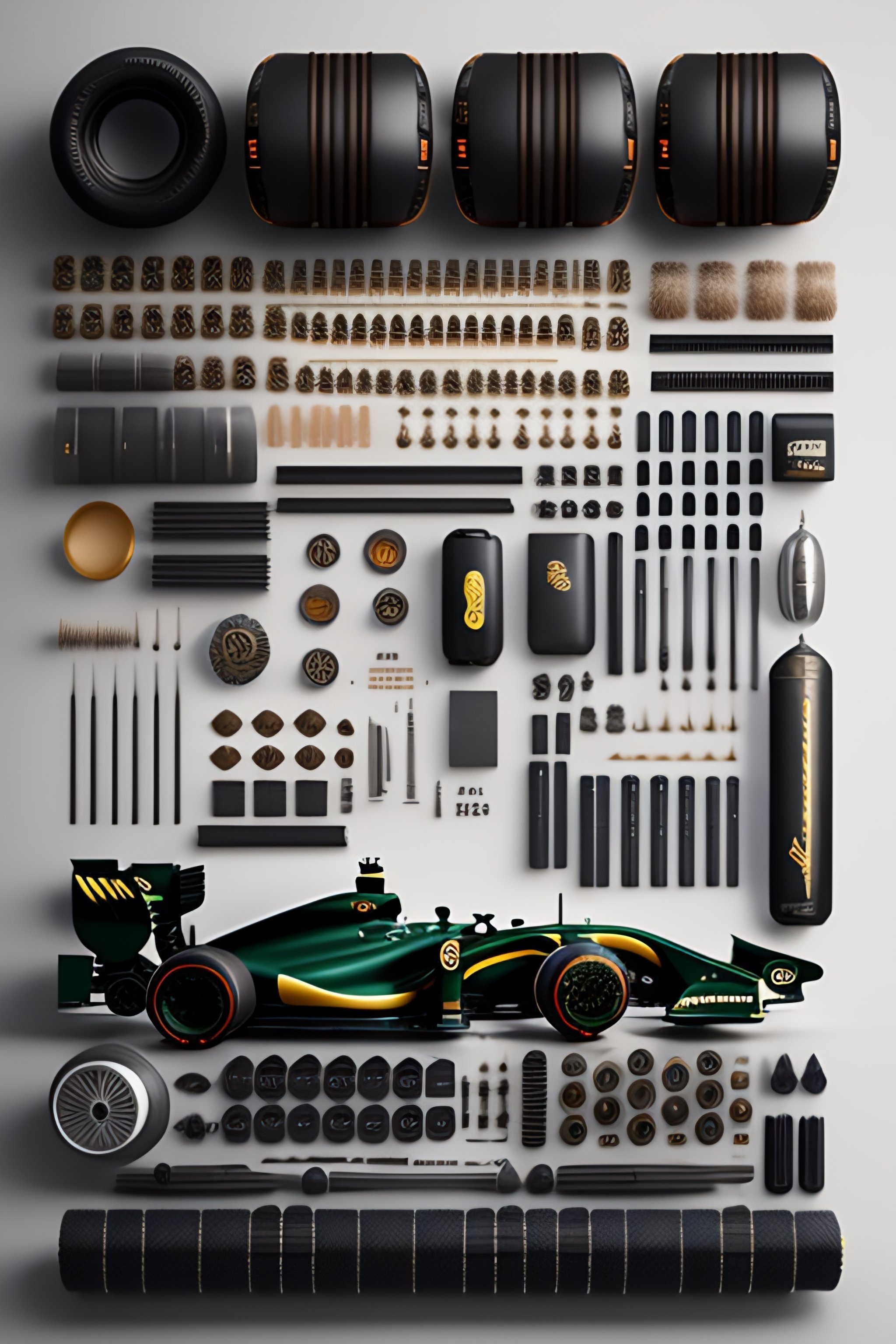 Lexica - Knolling, F1 car, costumes and props, tyres and parts ...