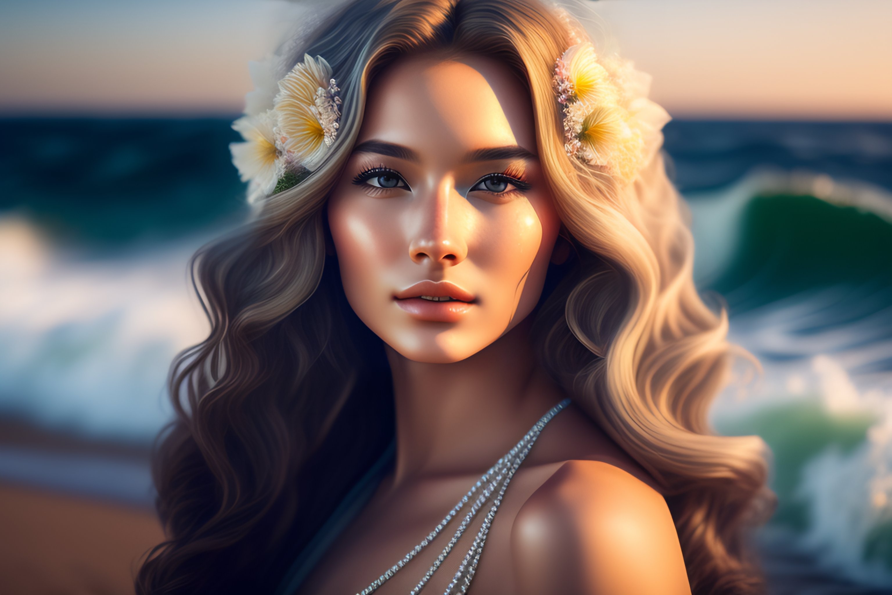 Lexica - Beautiful girl, realistic style, ocean waves, masterpiece ...
